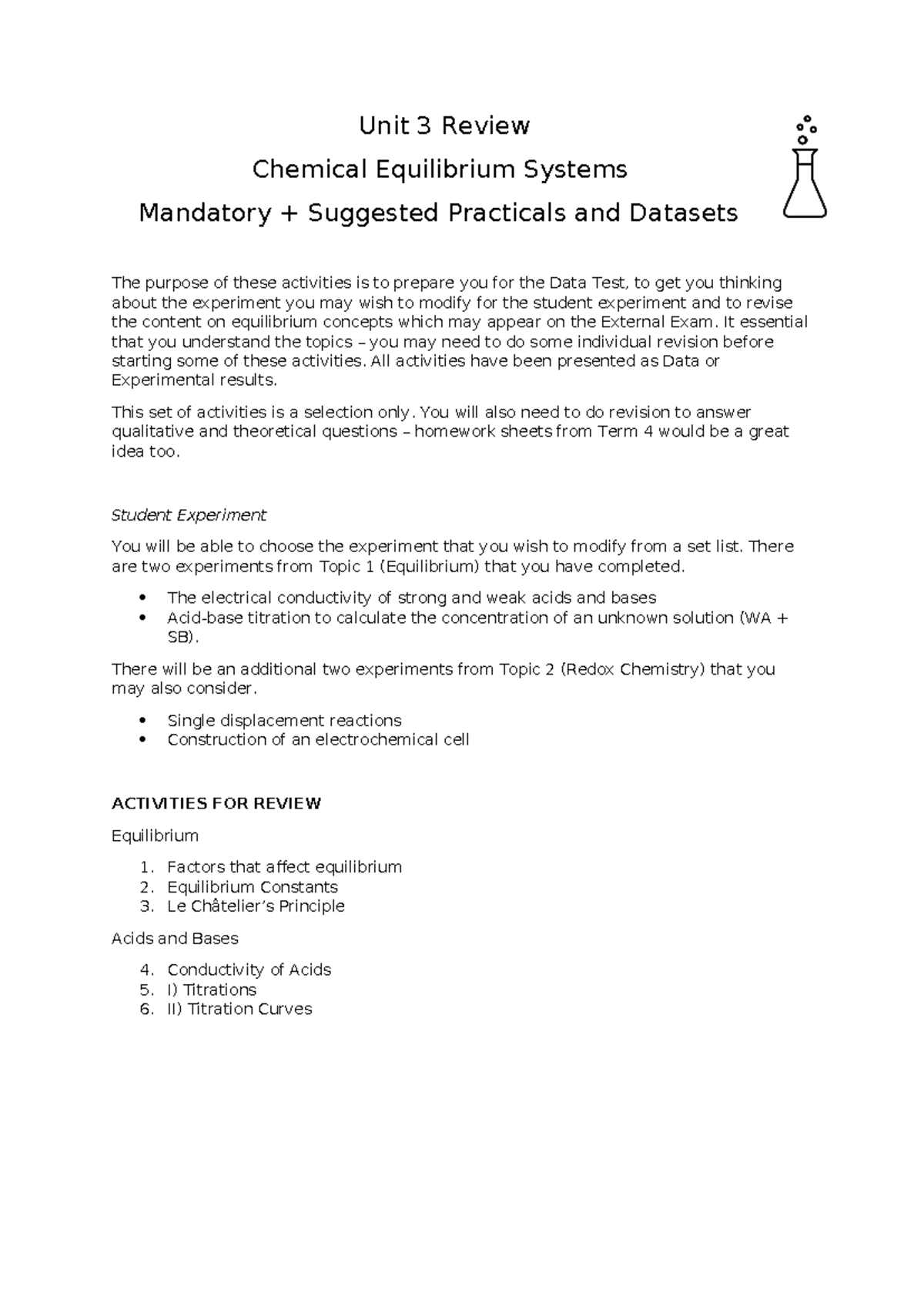Unit 3 Review: Chemical Equilibrium, Practical Activities, and Data ...