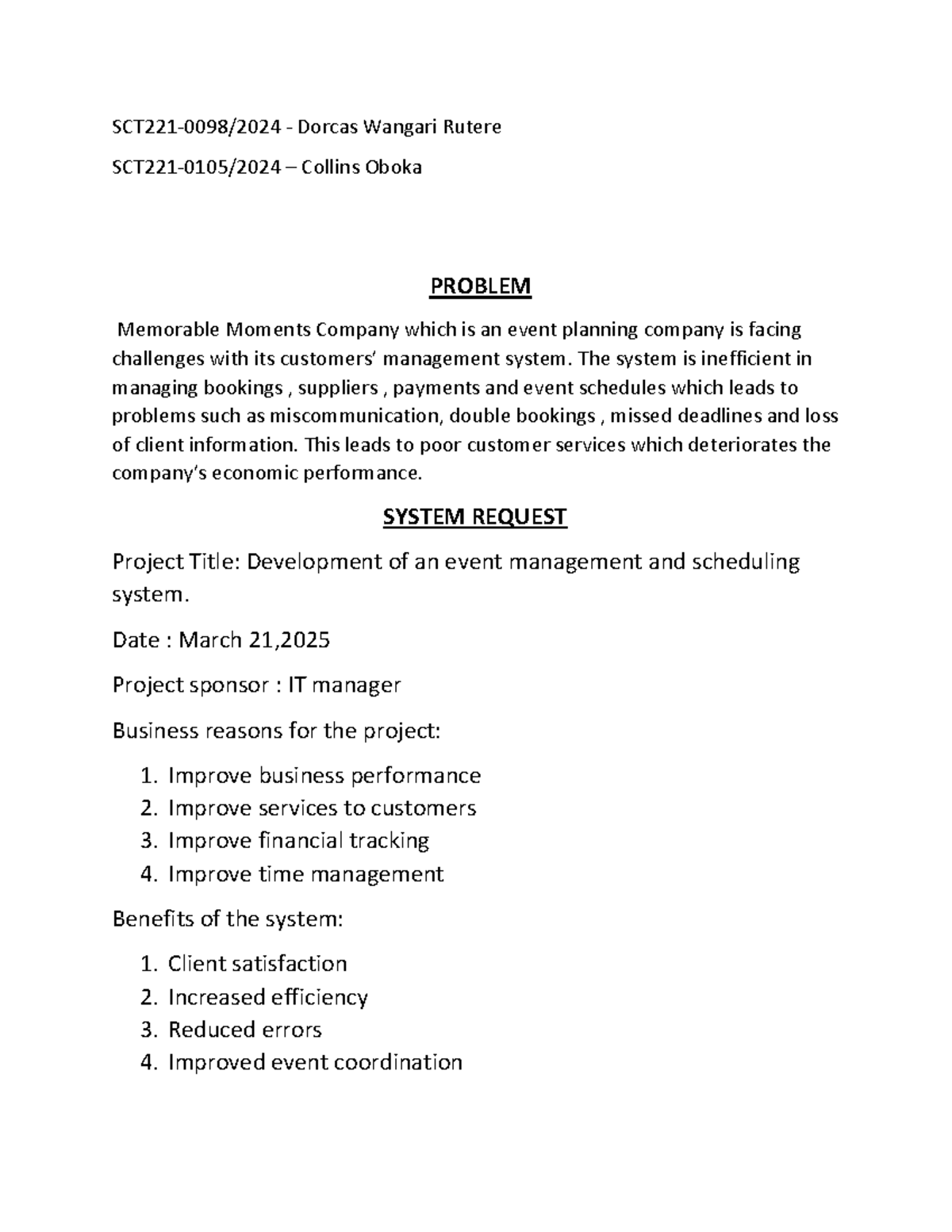 Event Management System Development Request & Feasibility Report - Studocu