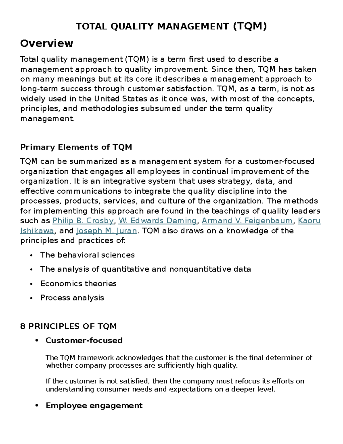 Total Quality Management (TQM): Principles and Practices Overview - Studocu