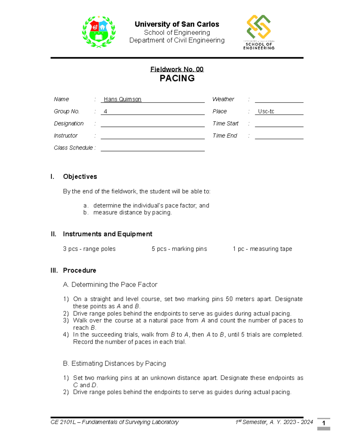 CE 2101L - Fieldwork 00: Pacing and Distance Estimation Guidelines ...