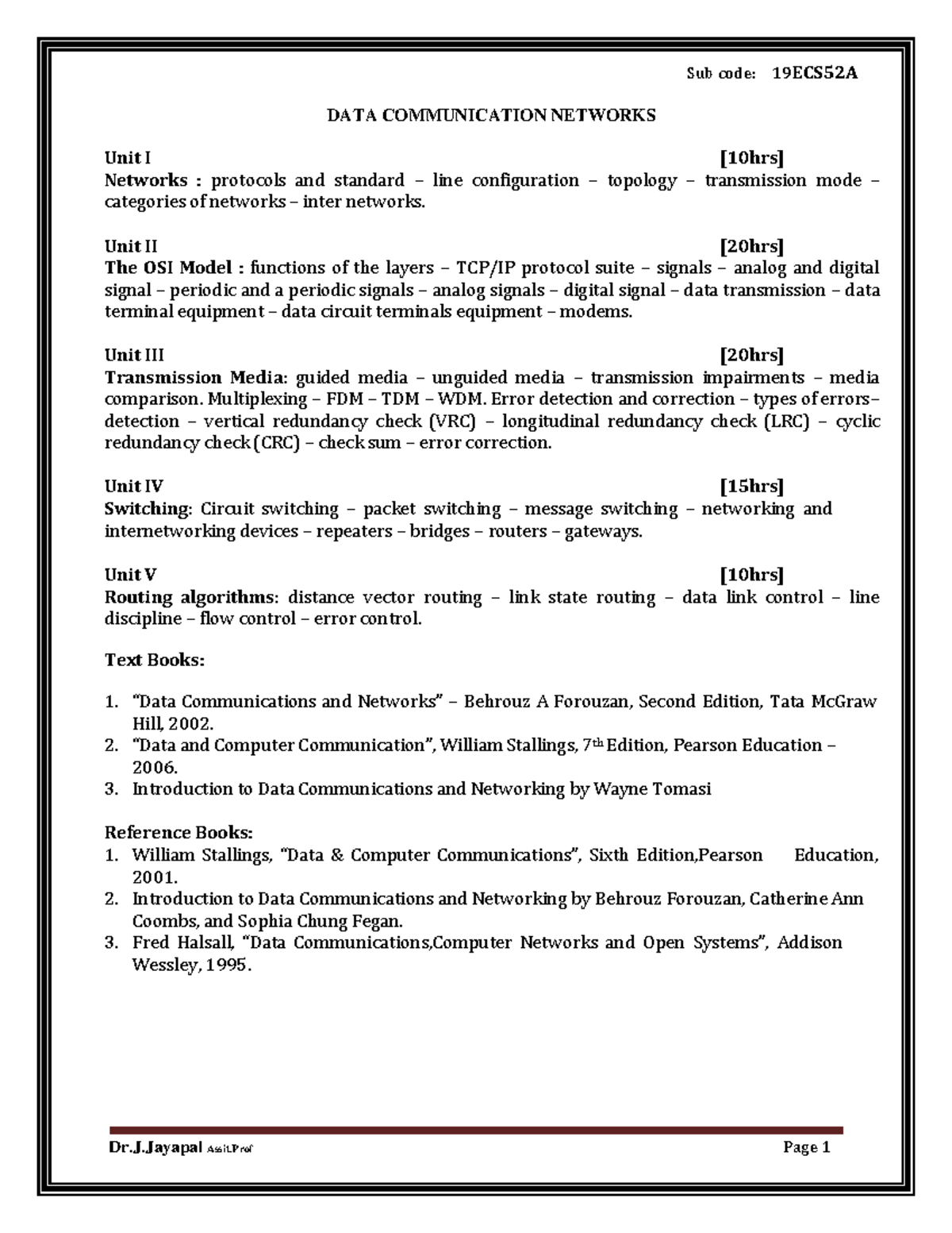 19ECS52A DATA COMMUNICATION NETWORKS Unit I Notes - Studocu