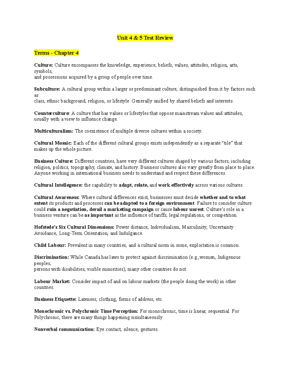Unit 4 & 5 Test Review: Cultural and Economic Concepts - Studocu
