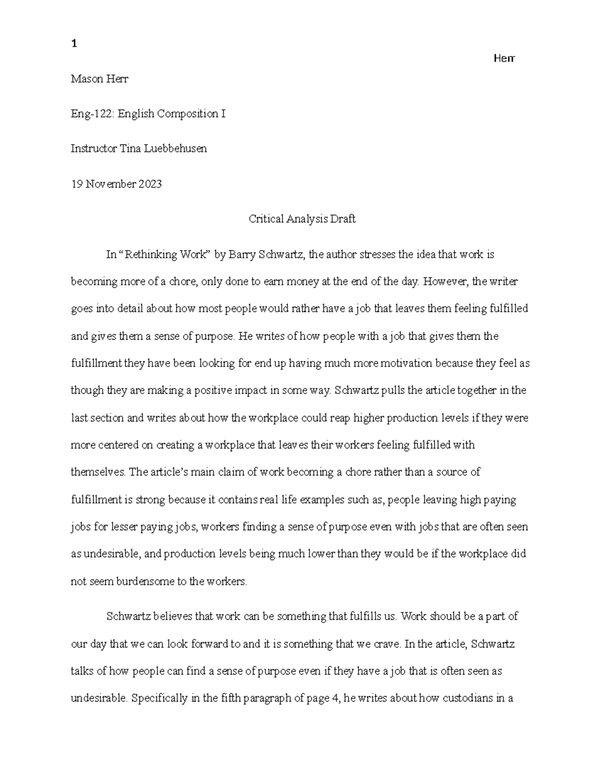 Critical Analysis Essay - Herr Mason Herr Eng-122: English Composition ...