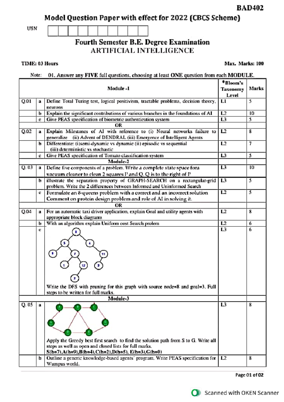 BAD402 AI Model Question Paper (CBCS) - 2022 Fourth Sem B.E. Exam - Studocu