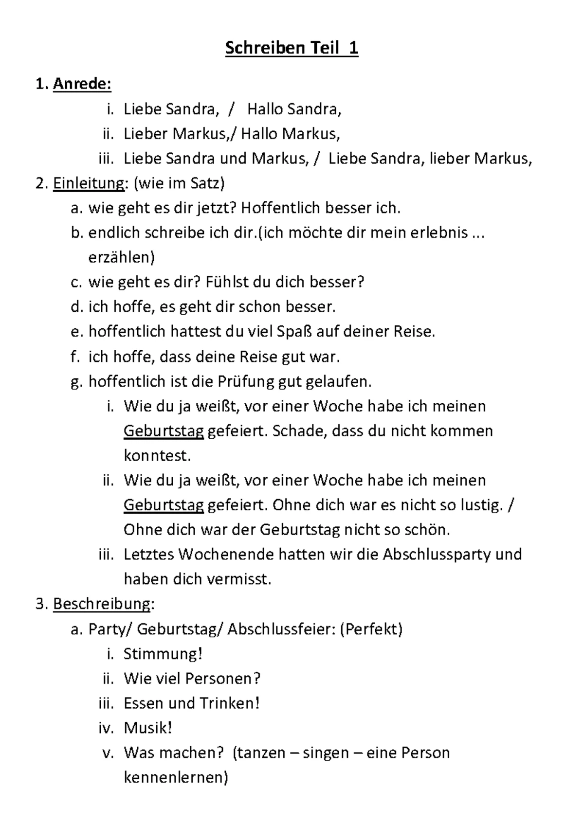 Schreiben und Sprechen B1: Themen und Beispiele für Prüfungen - Studocu