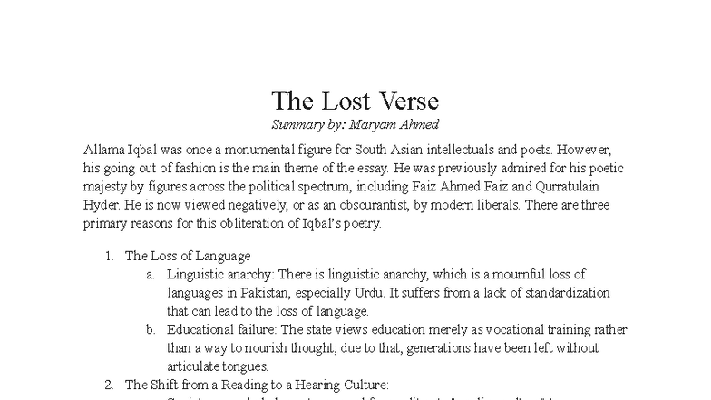 The Lost Verse - NANA - The Lost Verse Summary by: Maryam Ahmed Allama ...