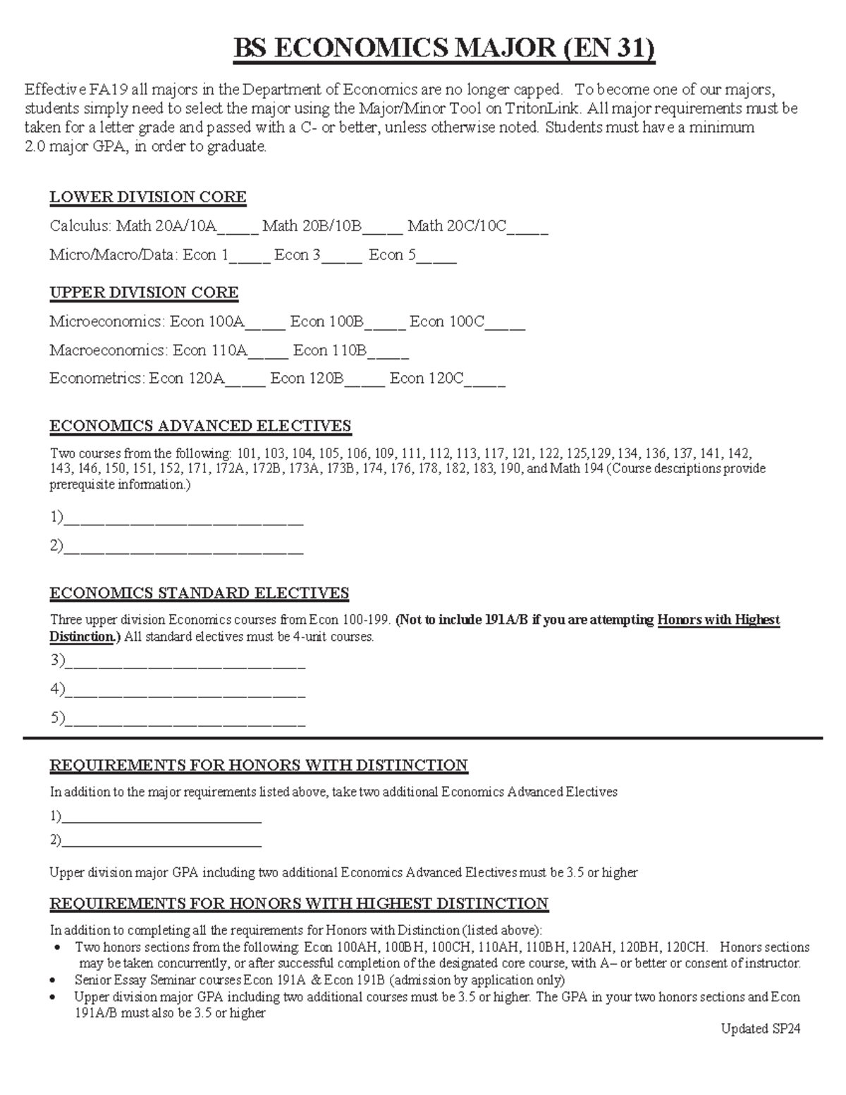 EN31 BS Economics Major Requirement Checklist - Updated SP24 - Studocu