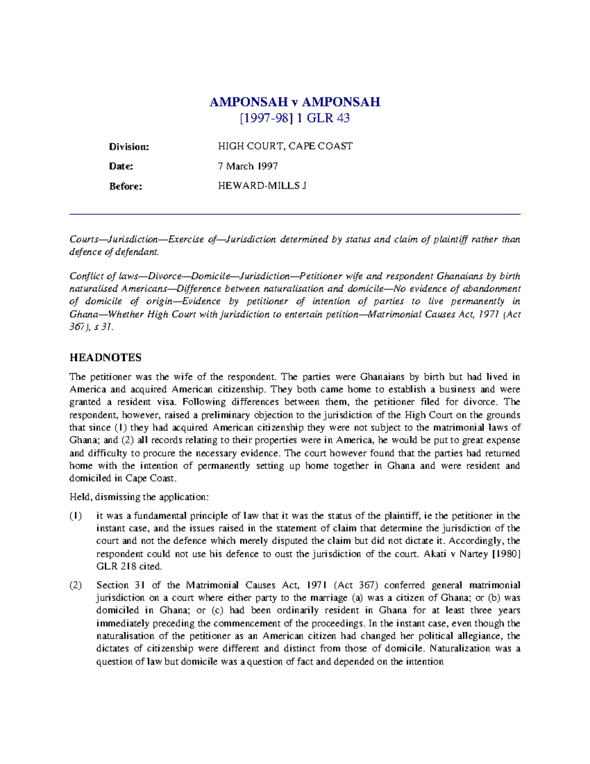 Amponsah v Amponsah - High Court Jurisdiction Analysis [1997-98] 1 GLR ...