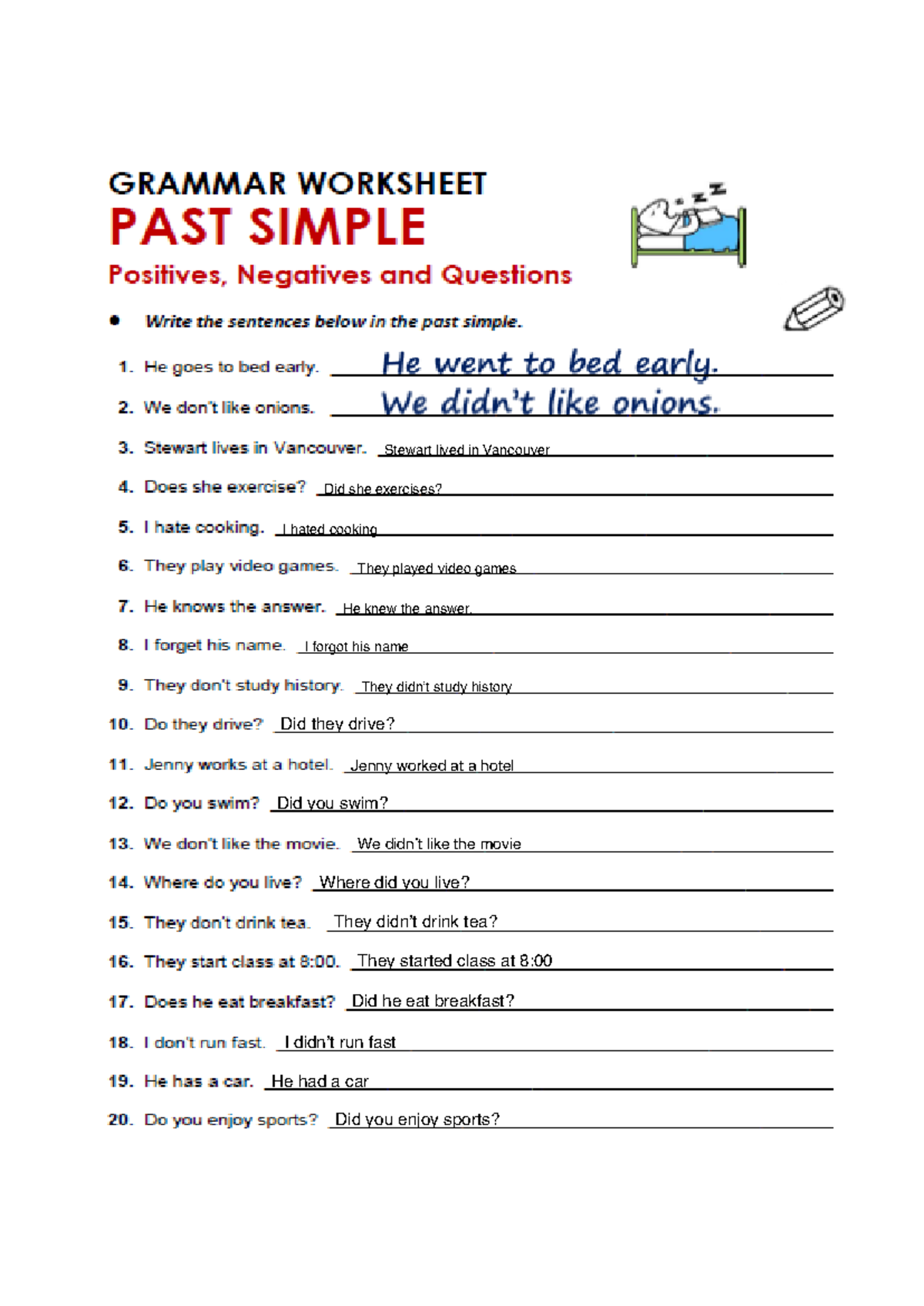 Simple Past Practice Exercises - ESL 101 - Studocu
