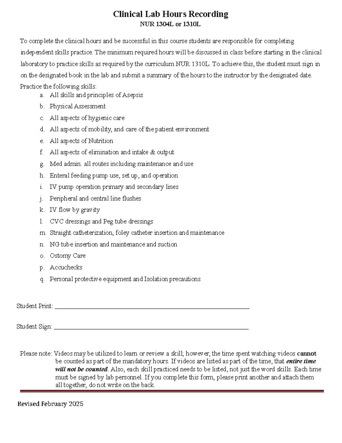 Lab hours sheet NUR 1310L - Clinical Lab Hours Recording NUR 1304L or ...