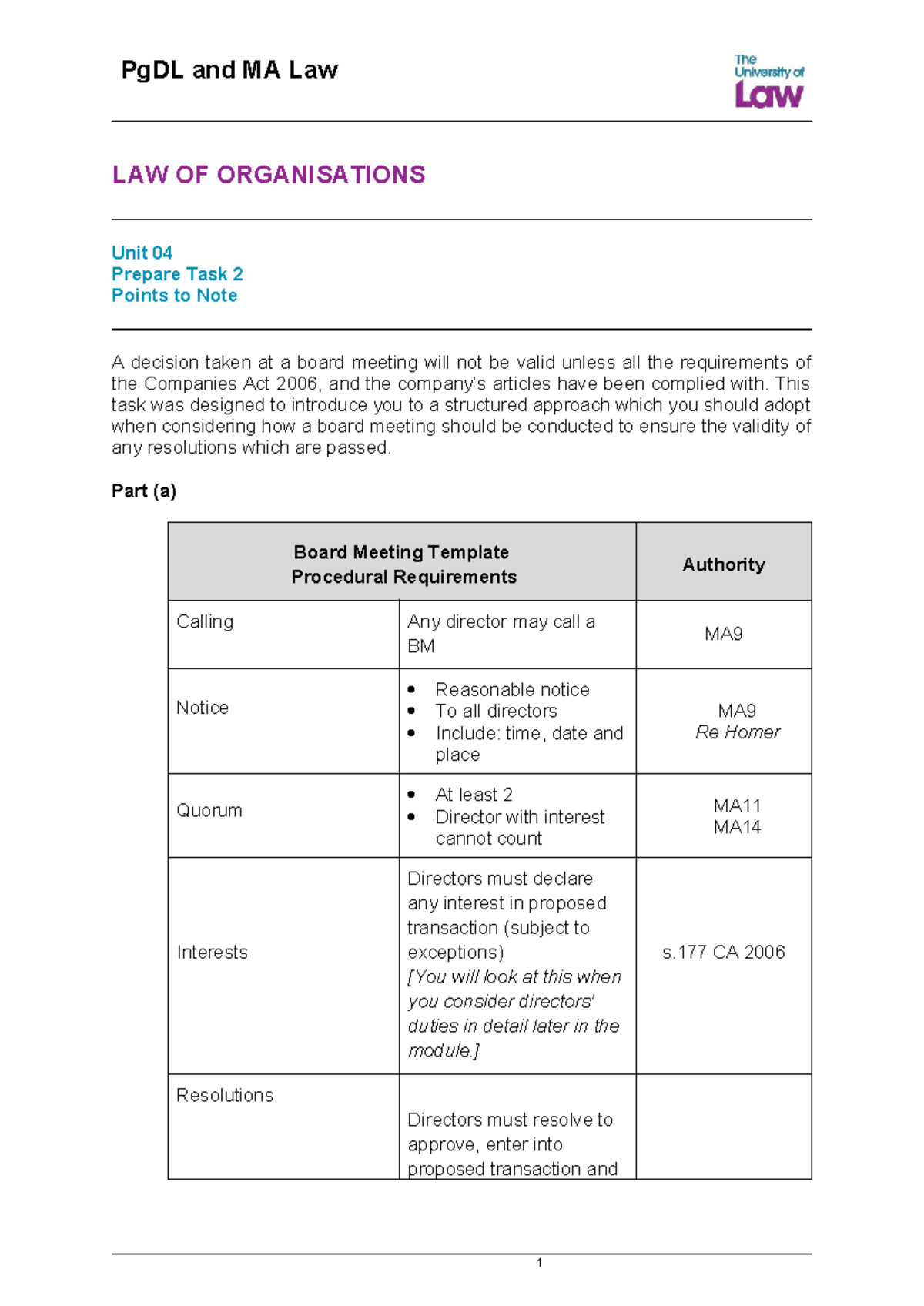 PgDL and MA Law: Org Law Unit 04 Task 2 Meeting Procedures Guide - Studocu