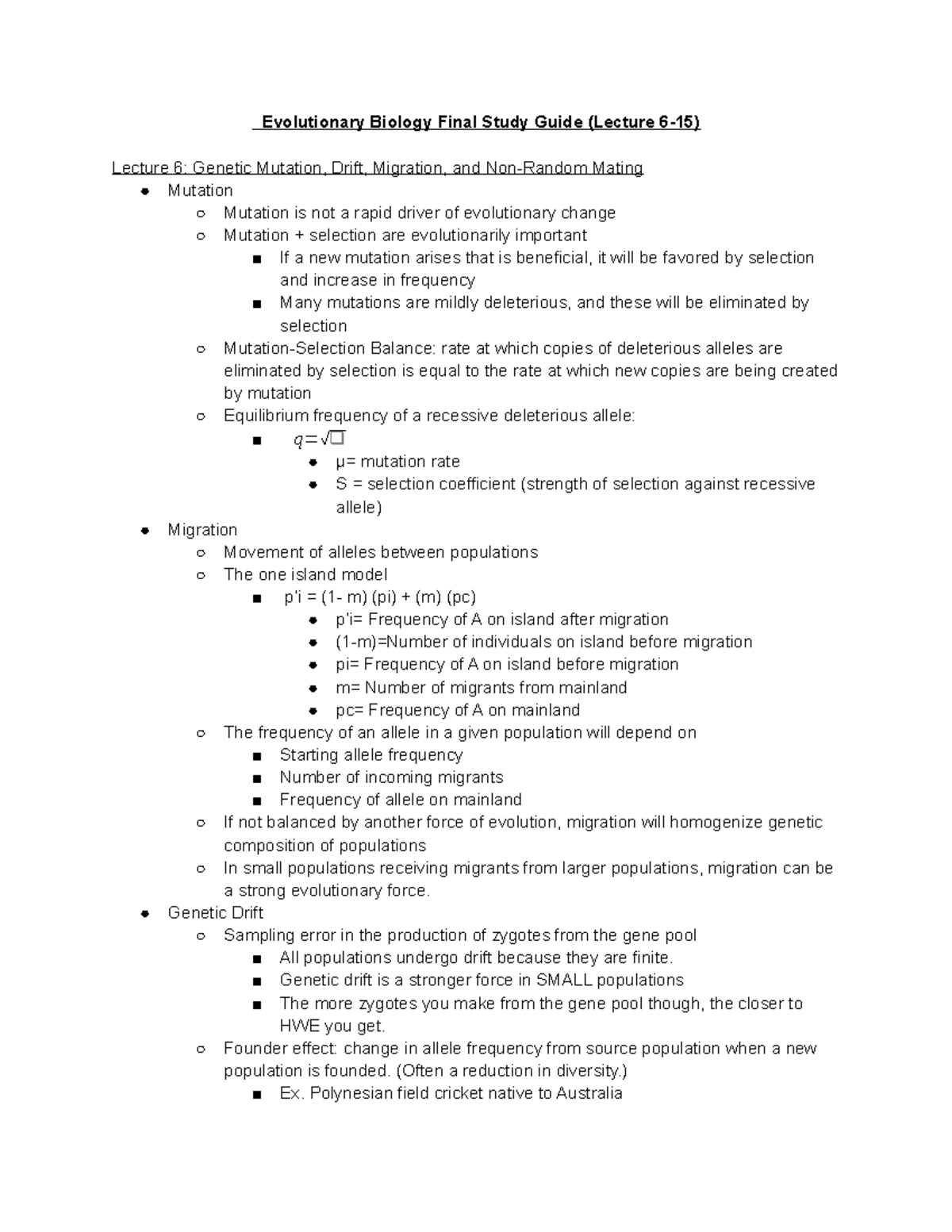 Evolutionary Biology Final Exam Study Guide (Lectures 6-15) - Studocu