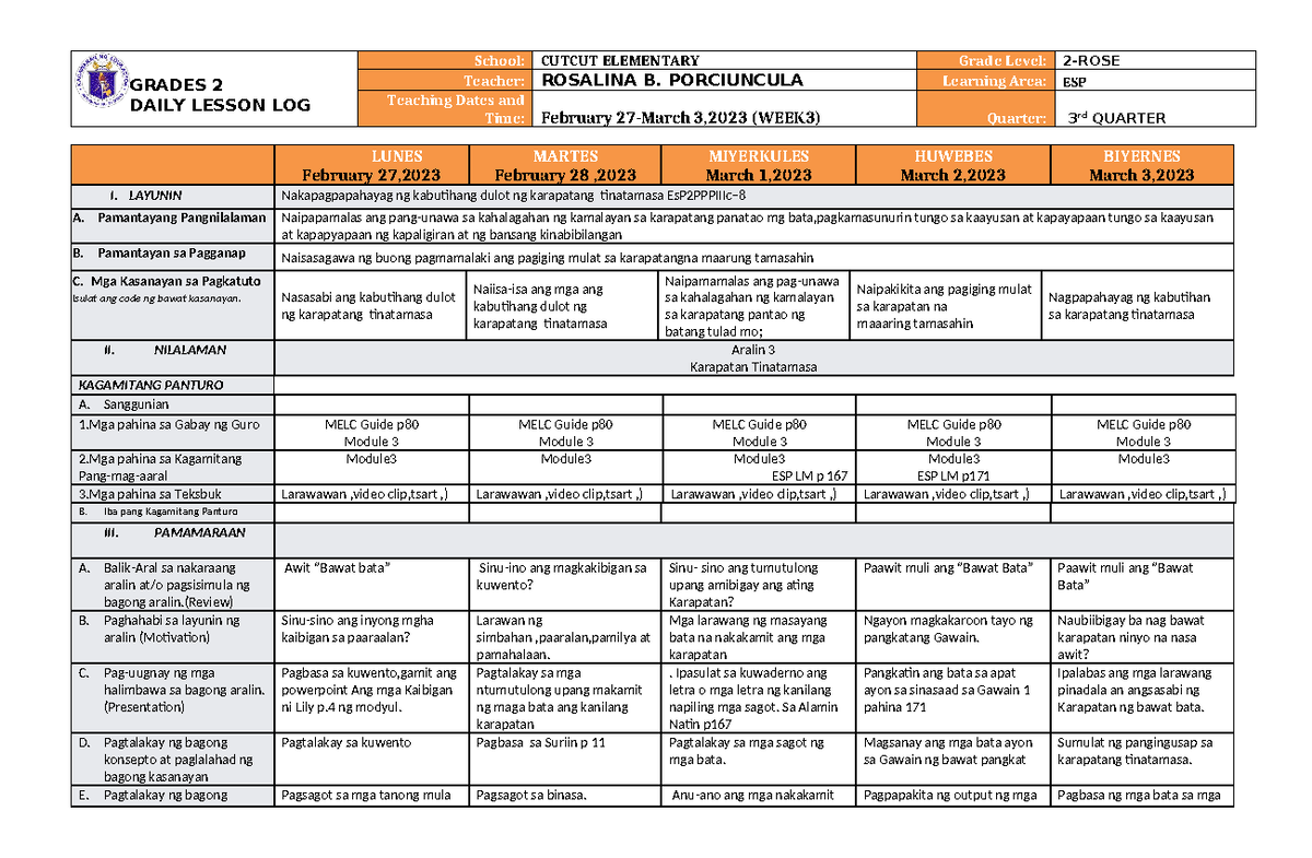 DLL ALL- Subjects-2 Q3-Week-3 - , GRADES 2 DAILY LESSON LOG School ...