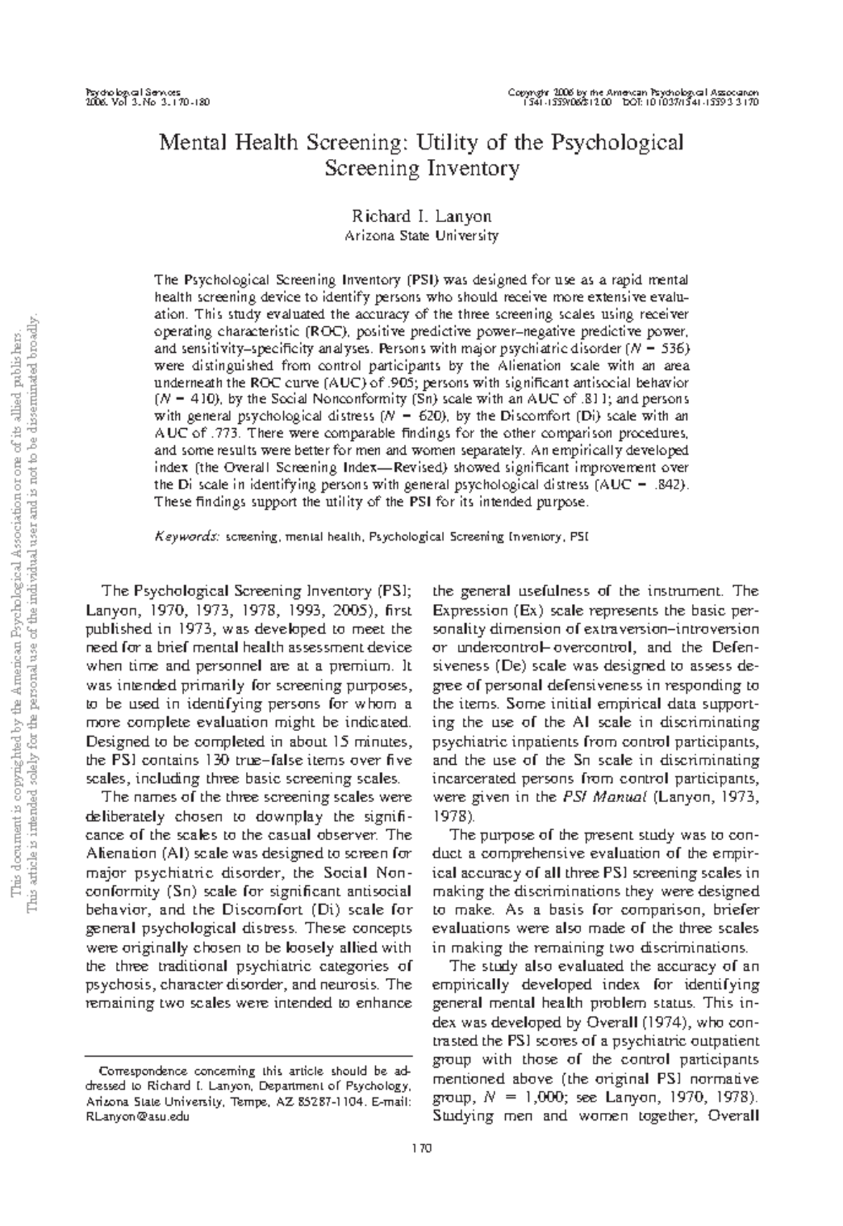 Utility of the Psychological Screening Inventory in Mental Health (PSI ...
