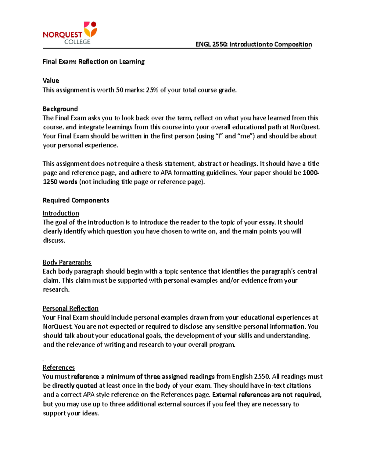 Final Exam (Reflection on Learning) - ENGL 2550 : Introduction to ...