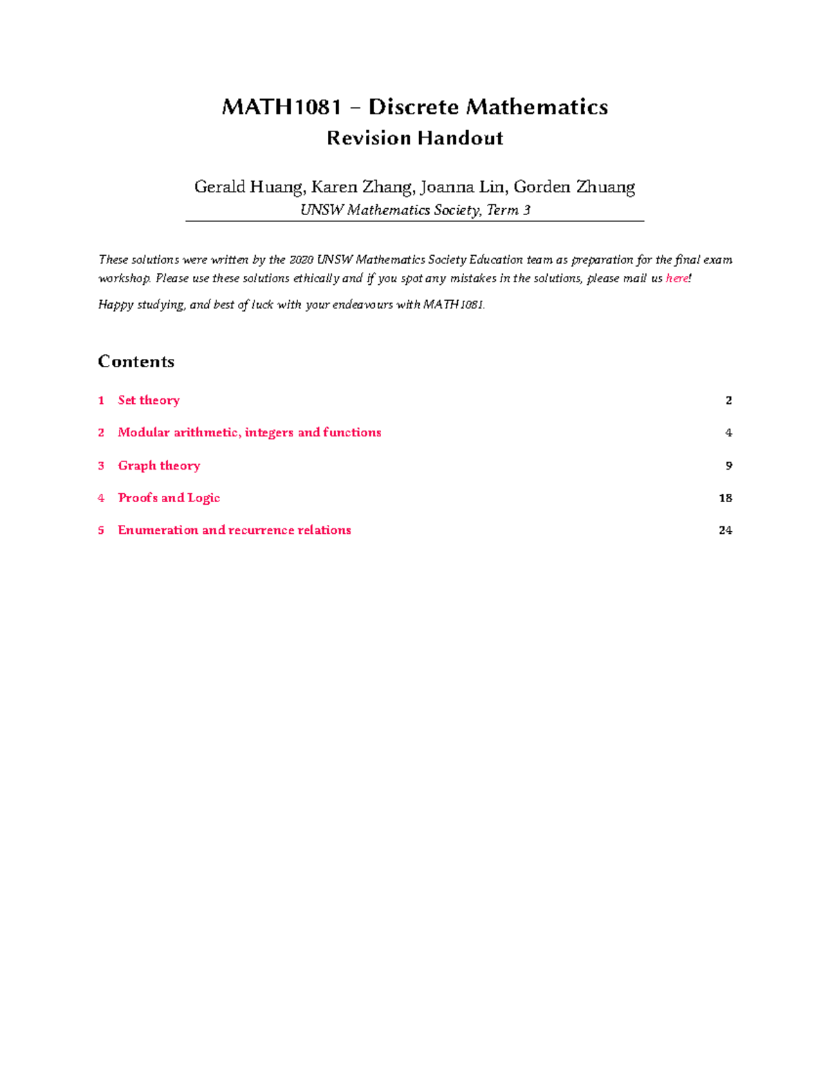 MATH1081 Discrete Mathematics Final Exam Revision Handout 2020 - Studocu