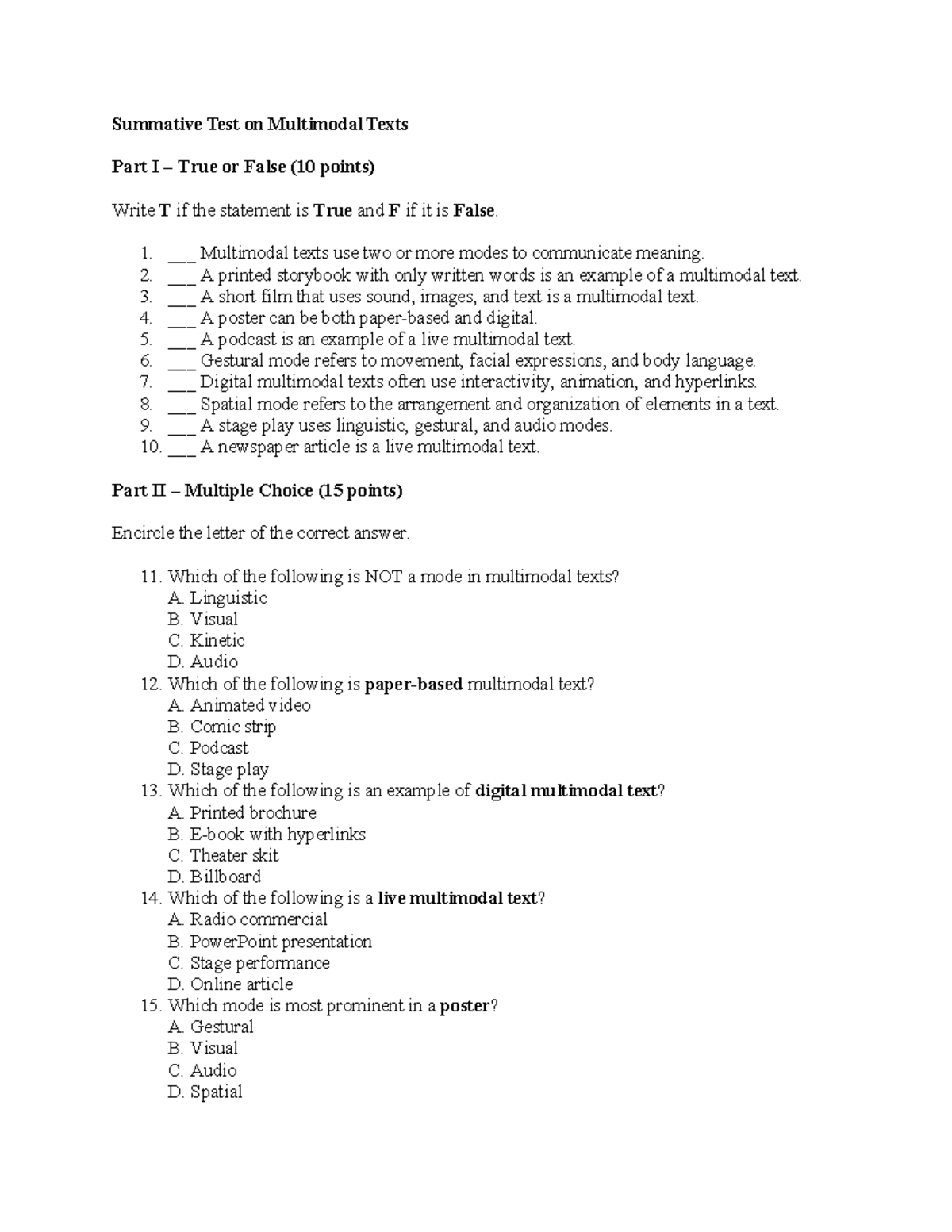 Summative Test on Multimodal Texts (Part I & II) - Studocu