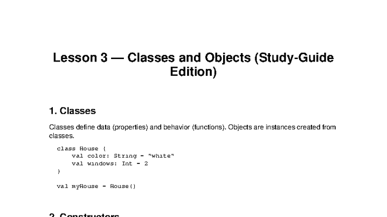 Lesson 3 (CS101) Study Guide: Classes and Objects in Kotlin - Studocu