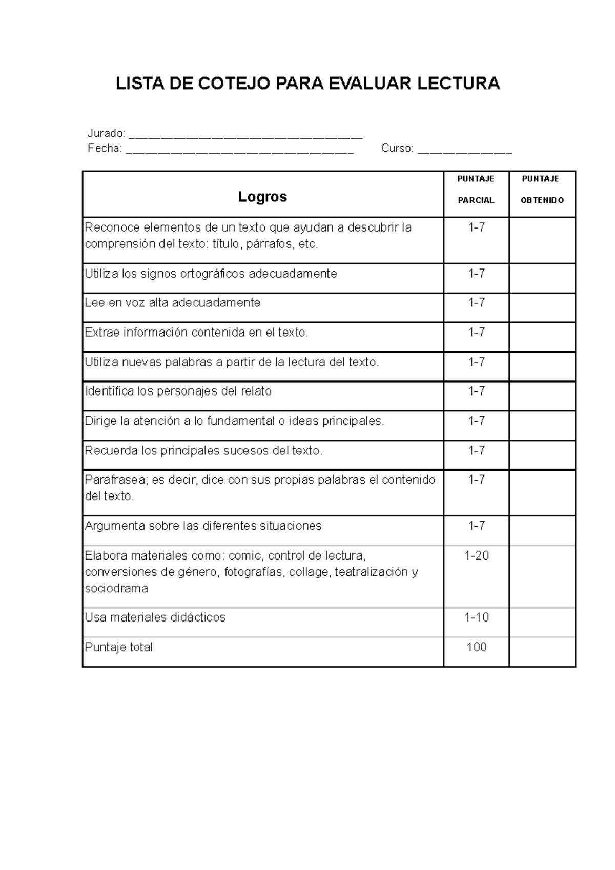 Lista de Cotejo para Evaluar Lectura - Curso: __________ - Studocu