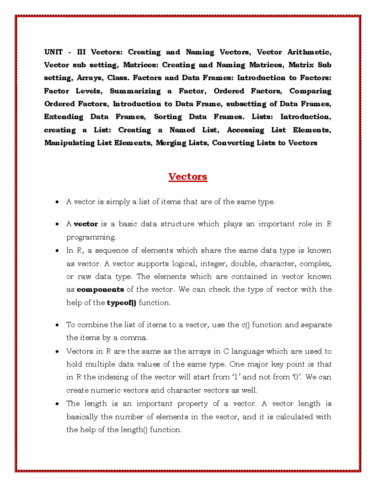 Unit 3: Vectors, Matrices, and Lists in R Programming - Studocu