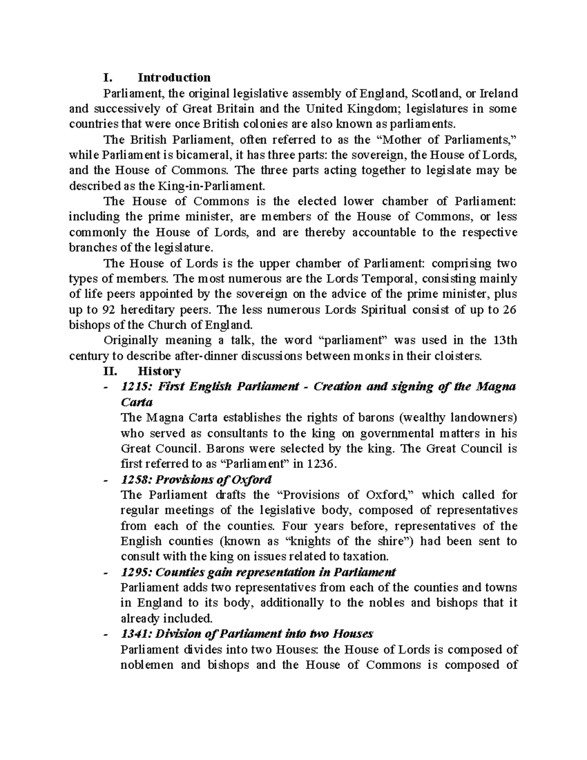British Parliament - I. Introduction Parliament, the original ...