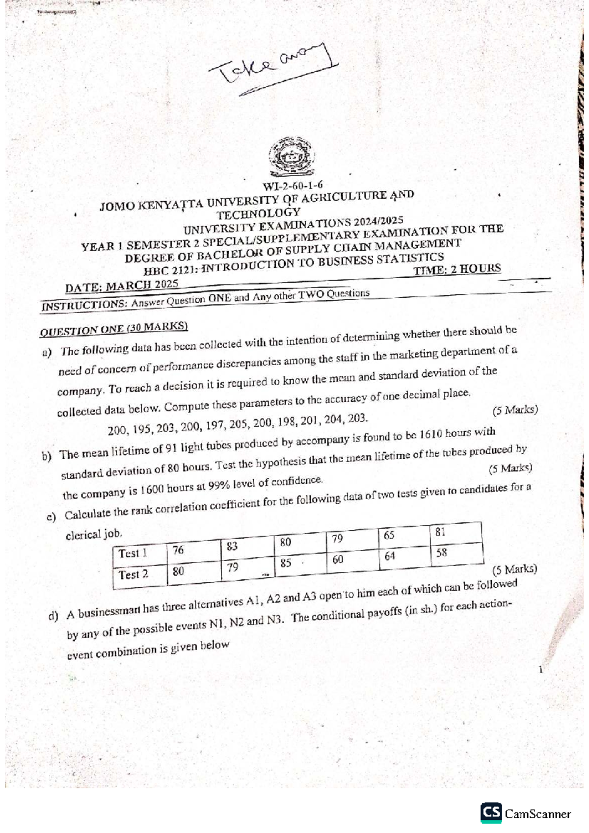 HBC 2121: Business Statistics Take Away CAT - Year 1 Semester 2 - Studocu