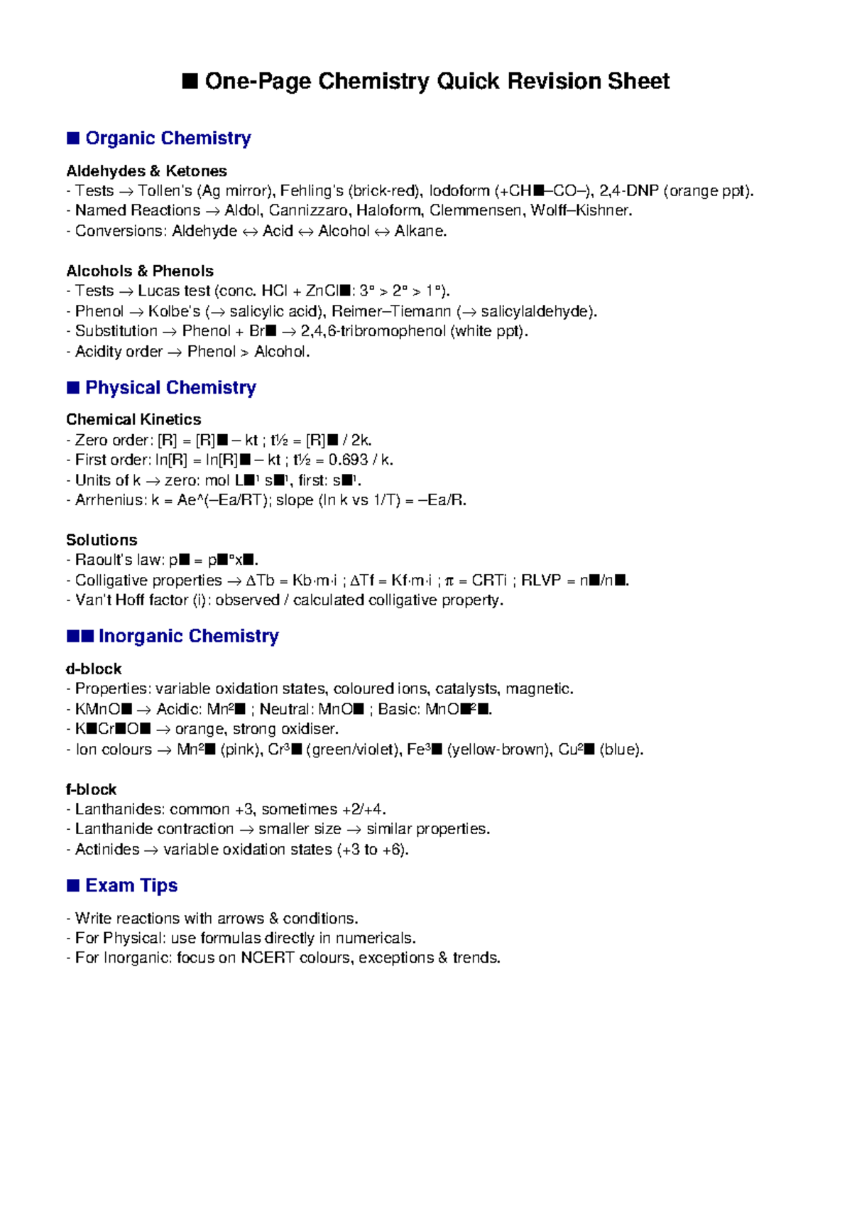 Chemistry Quick Revision Sheet: Organic & Physical Chemistry Concepts ...