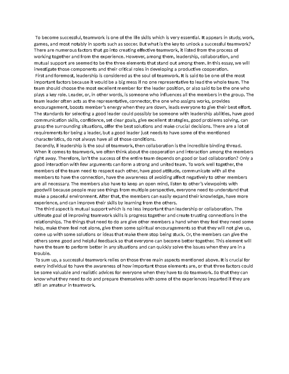 Essay on Key Aspects of Teamwork: Leadership, Collaboration, Support ...