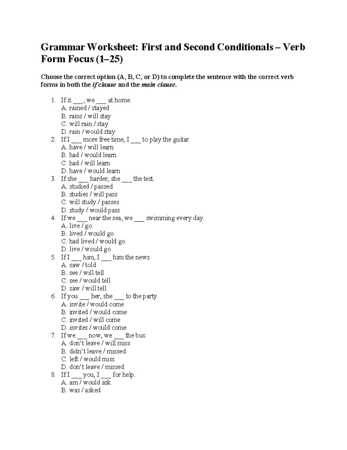 Grammar Worksheet: First and Second Conditionals Practice - Studocu