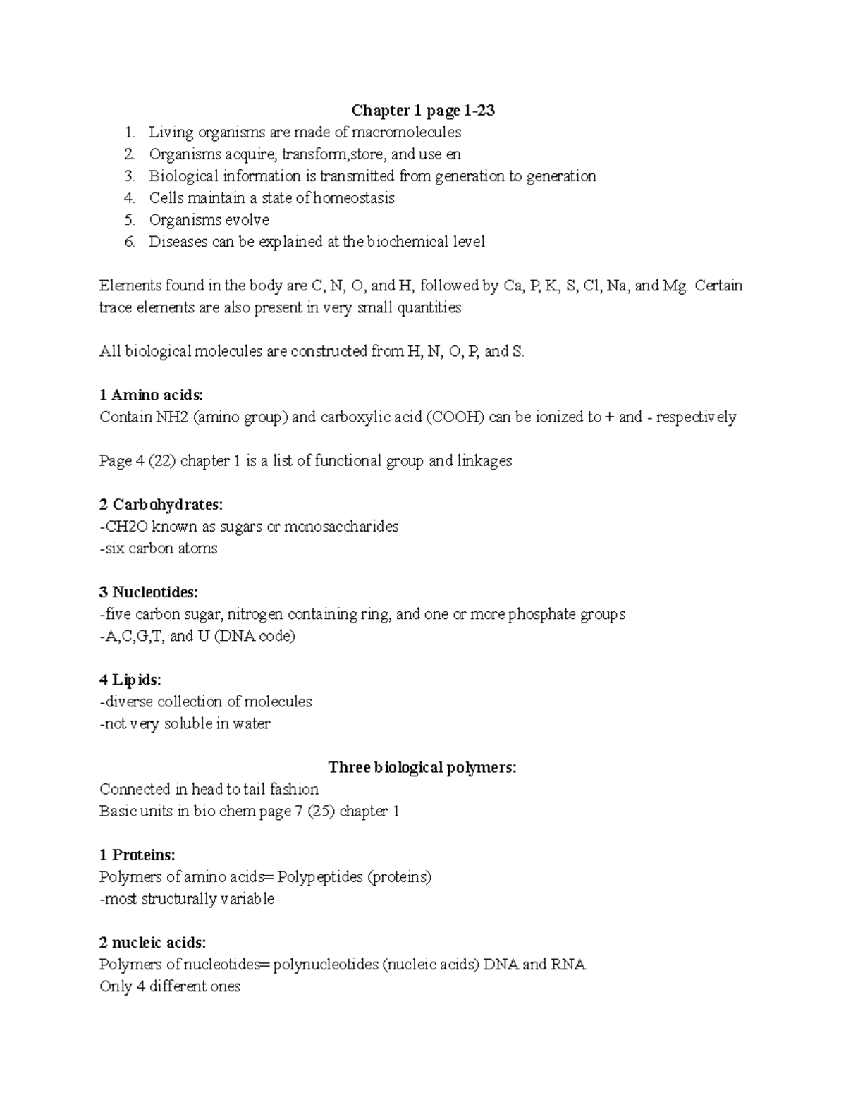 Chem 330 Biochemistry Notes chapter 1 and 2 - Chapter 1 page 1- Living ...