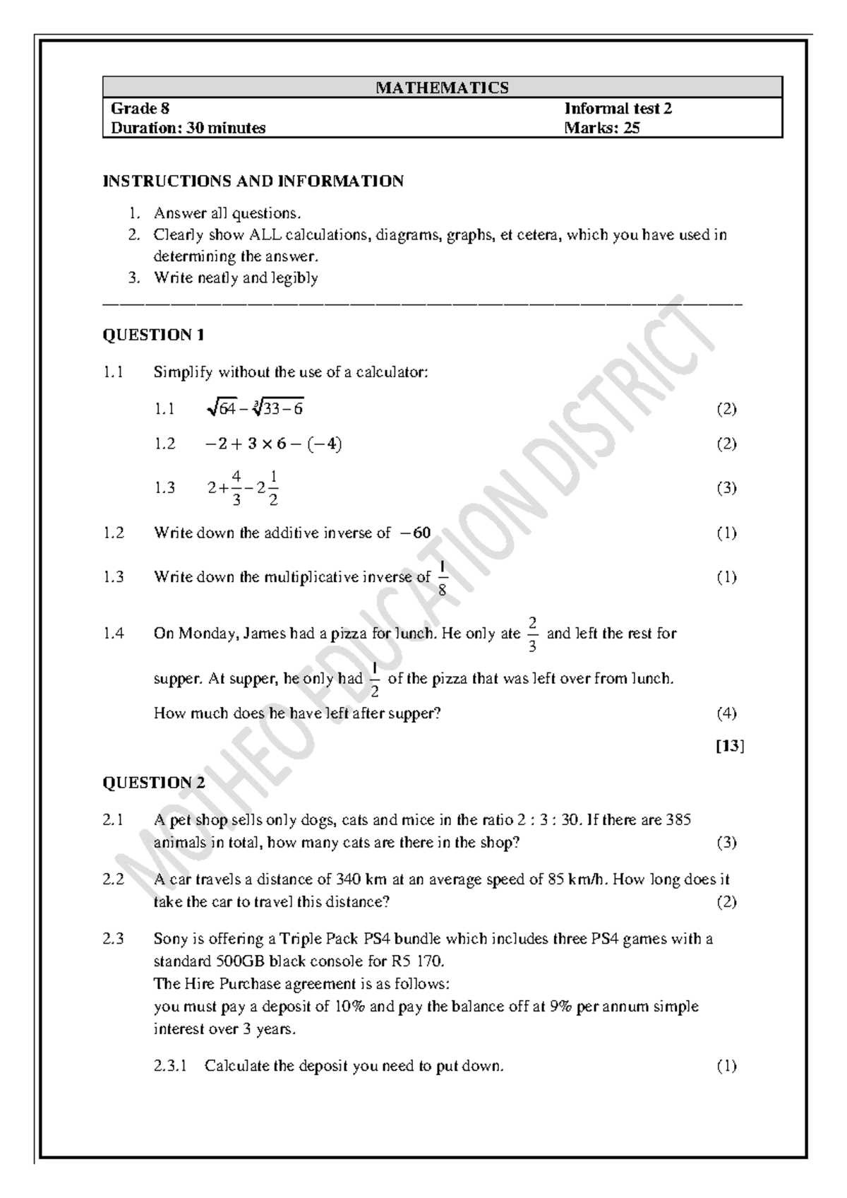 Grade 8 MATHEMATICS Informal Test 2 - Instructions & Questions - Studocu