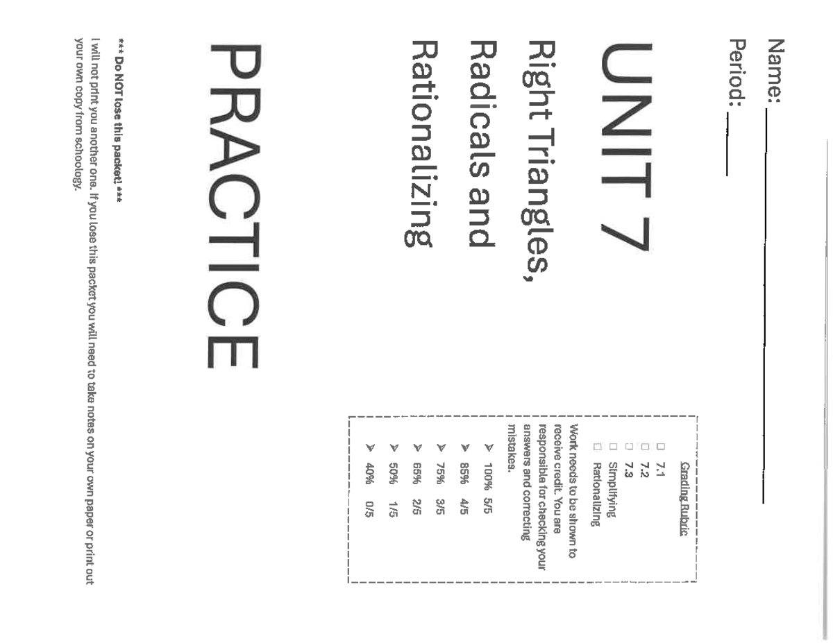 Unit 7 Practice Problems: Simplifying & Rationalizing Triangles - Studocu