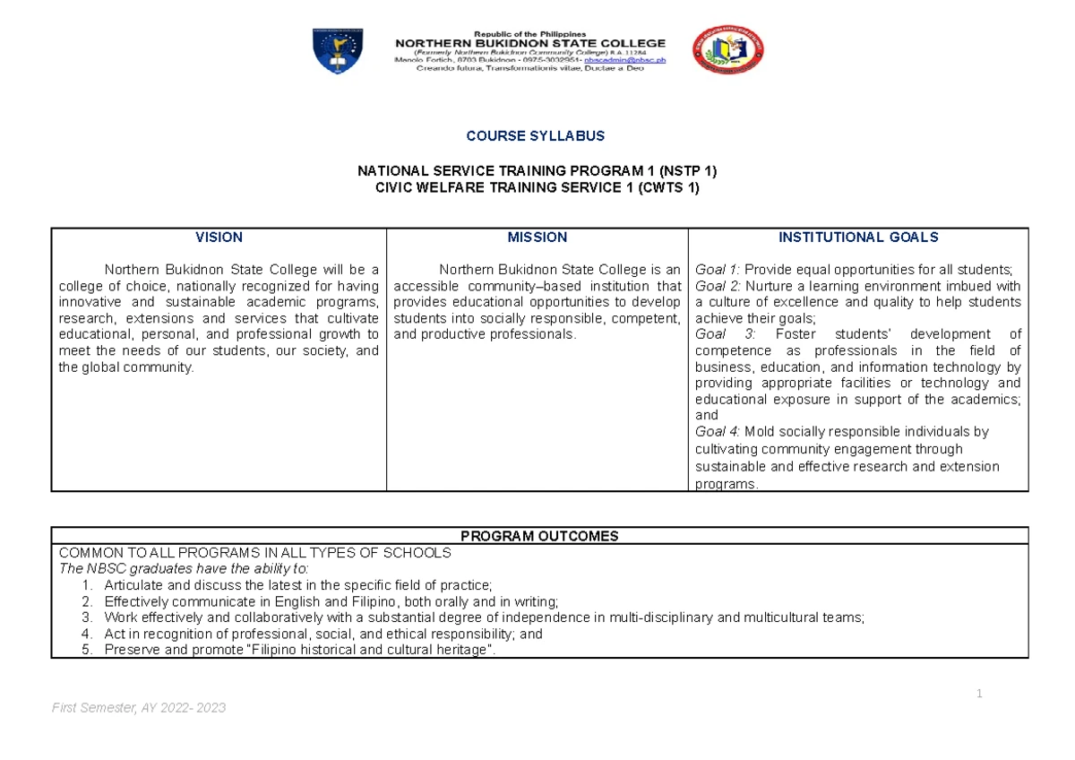 Course Guide NSTP 1 CWTS 1 Final - DEPARTMENT: GENERAL EDUCATION ...