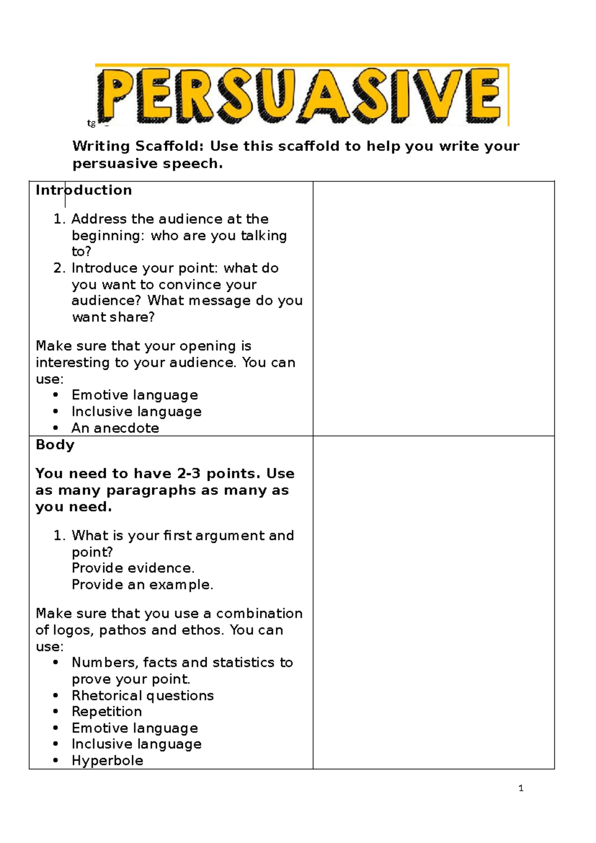 Persuasive Writing Scaffold and Quiz (ENG101) for Effective Speeches ...