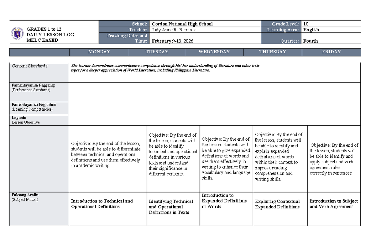 Daily Lesson Log for Grade 10 English (Week 2) - MELC Based - Studocu