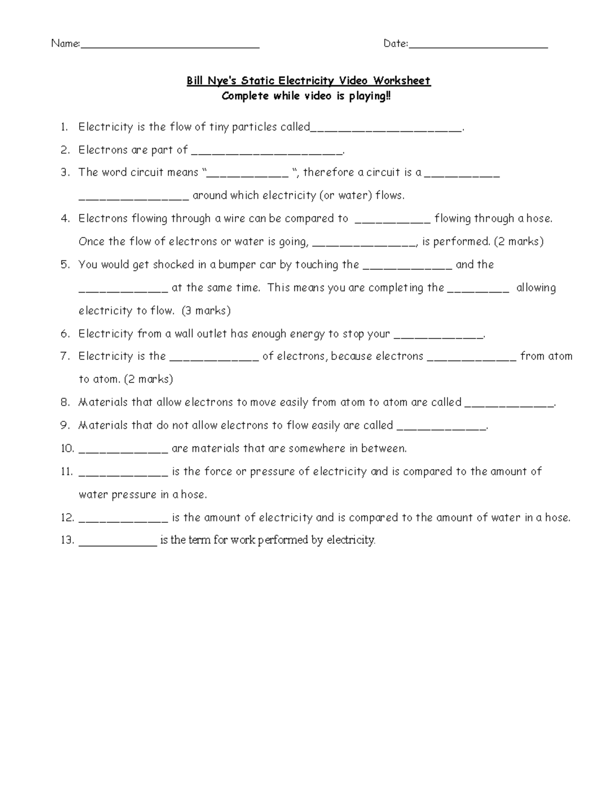 Bill Nye's Static Electricity Video Worksheet (Answer Key) - Studocu