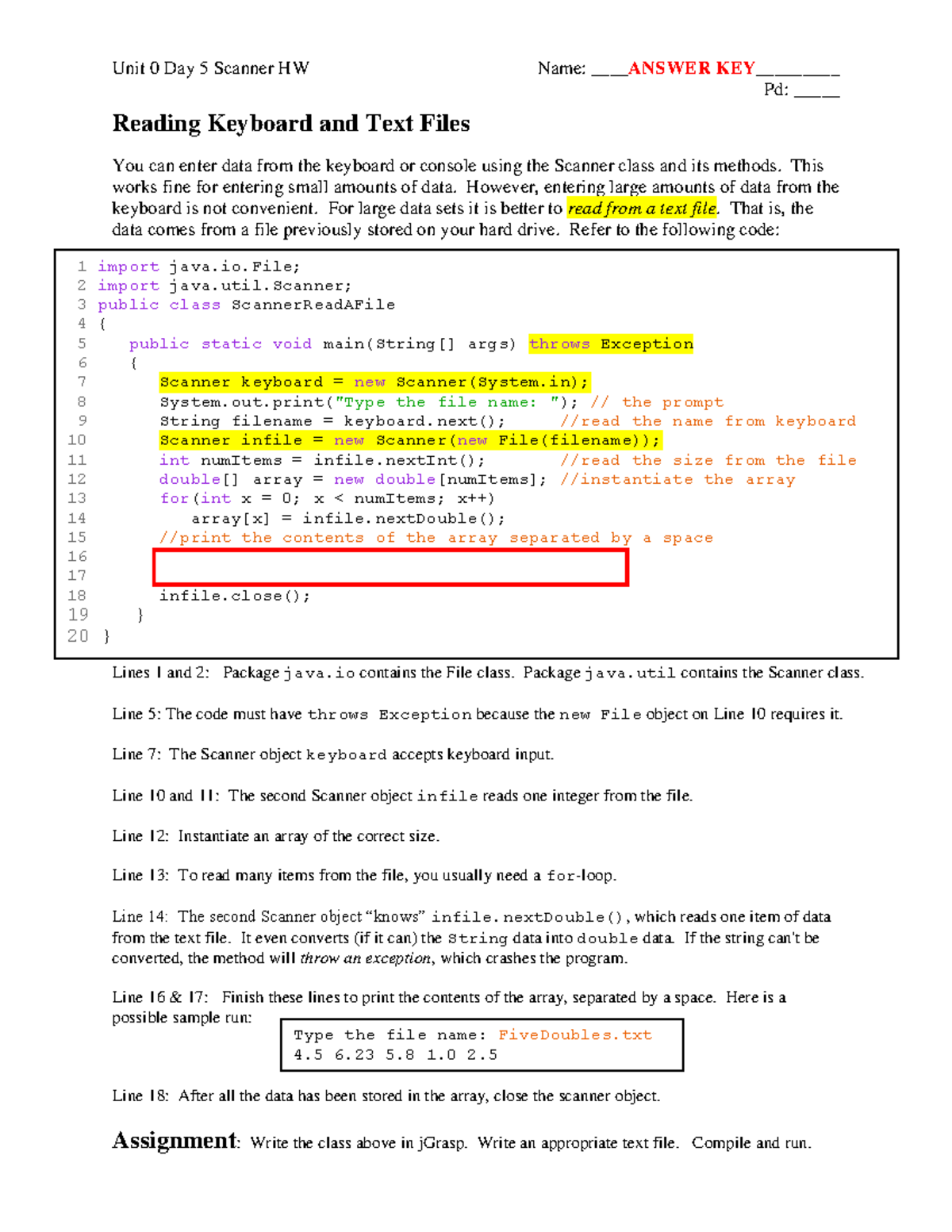 Java Scanner Class and File Handling - Unit 0 Day 5 HW - Studocu