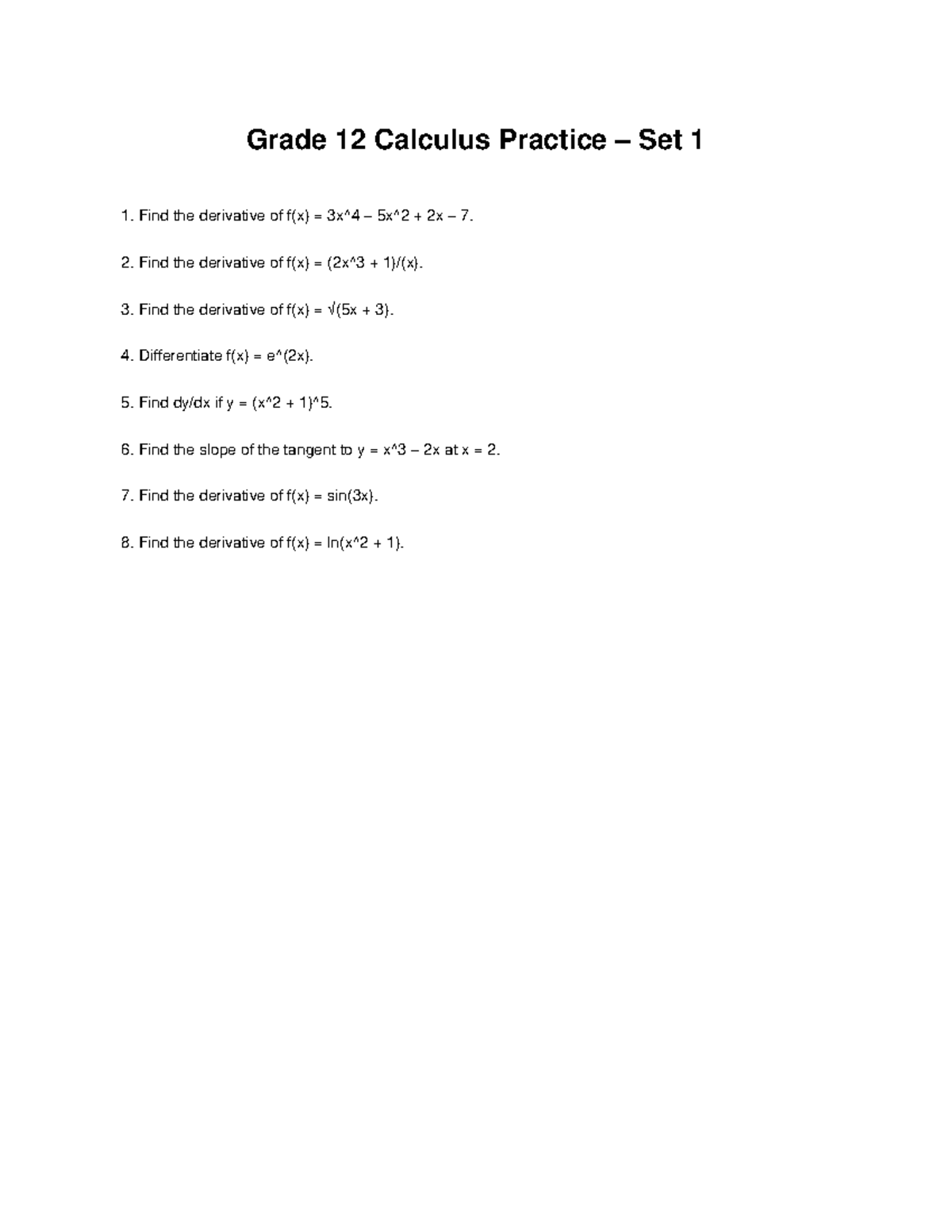 Grade 12 Calculus Practice Set 1: Derivatives and Applications - Studocu