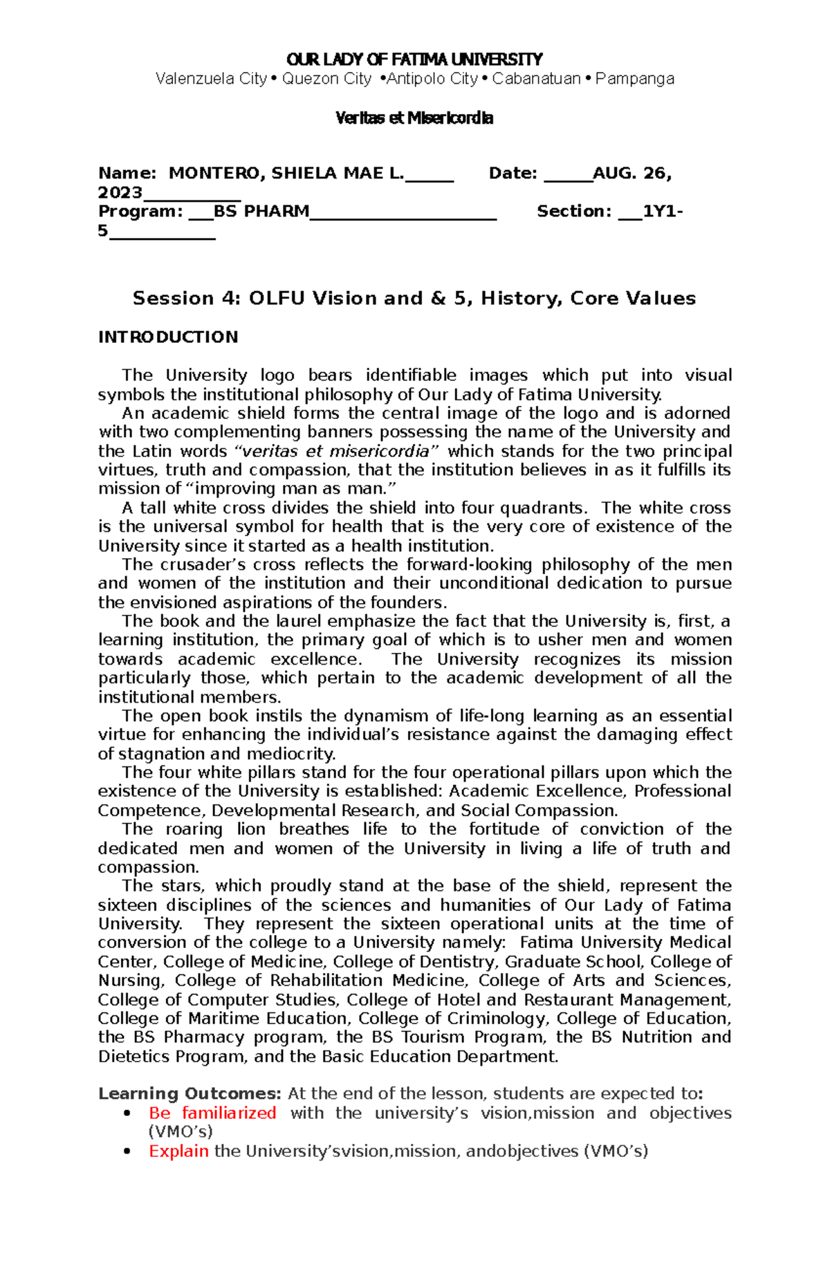OLFU 1Y1-5 Final Exam: Vision, Mission, Objectives, and Core Values ...