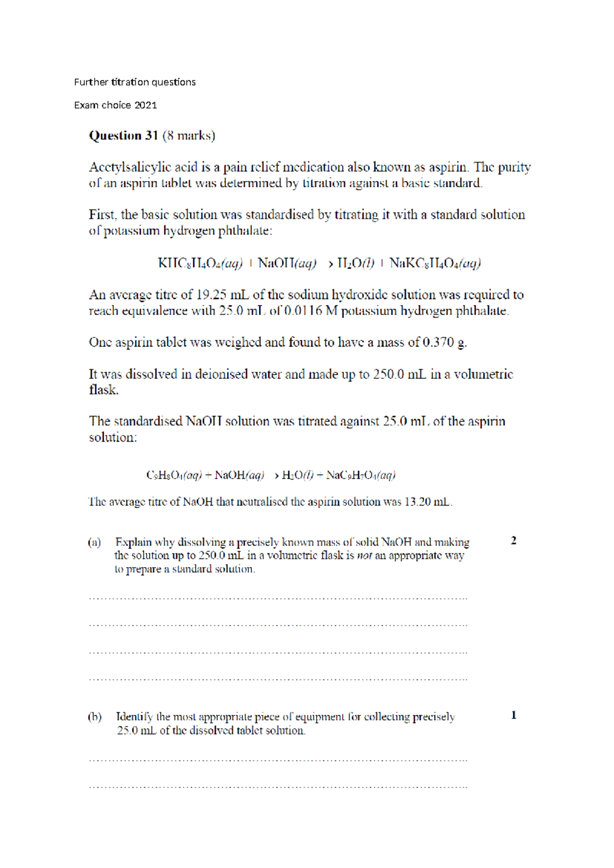 Further Titration Questions for Exam Choice 2021 - Studocu