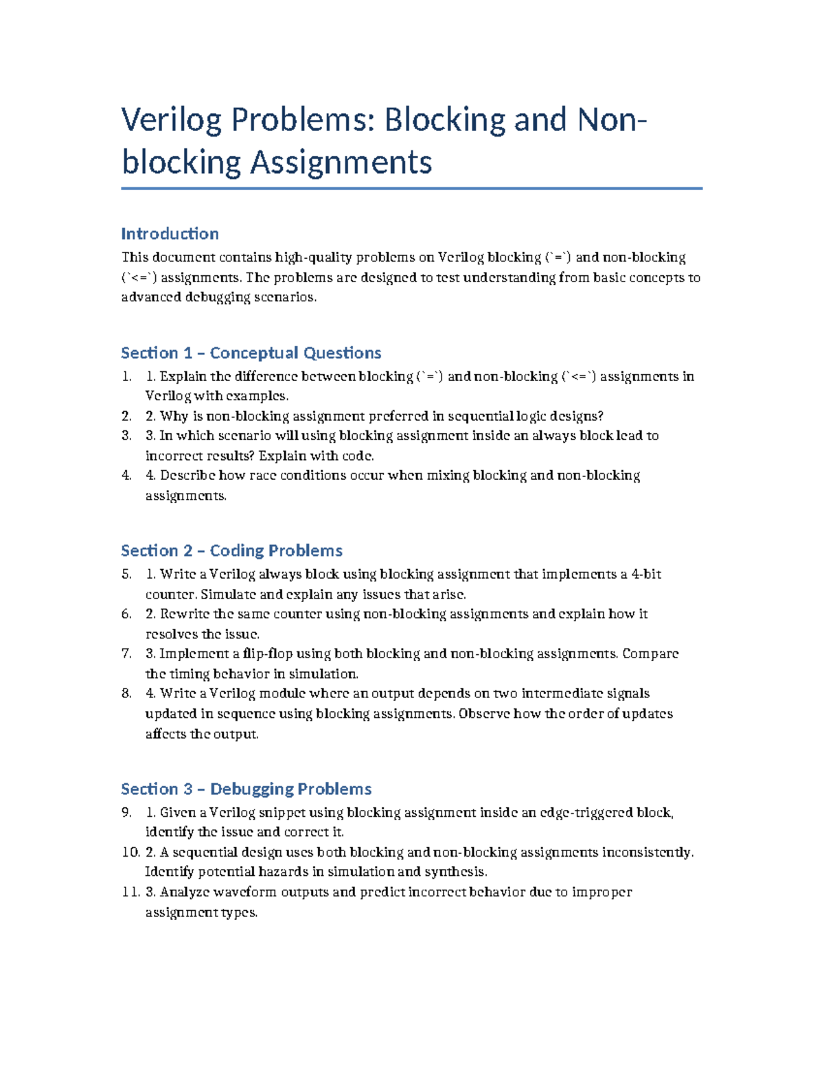 Verilog Problems: Blocking vs Nonblocking Assignments Analysis - Studocu