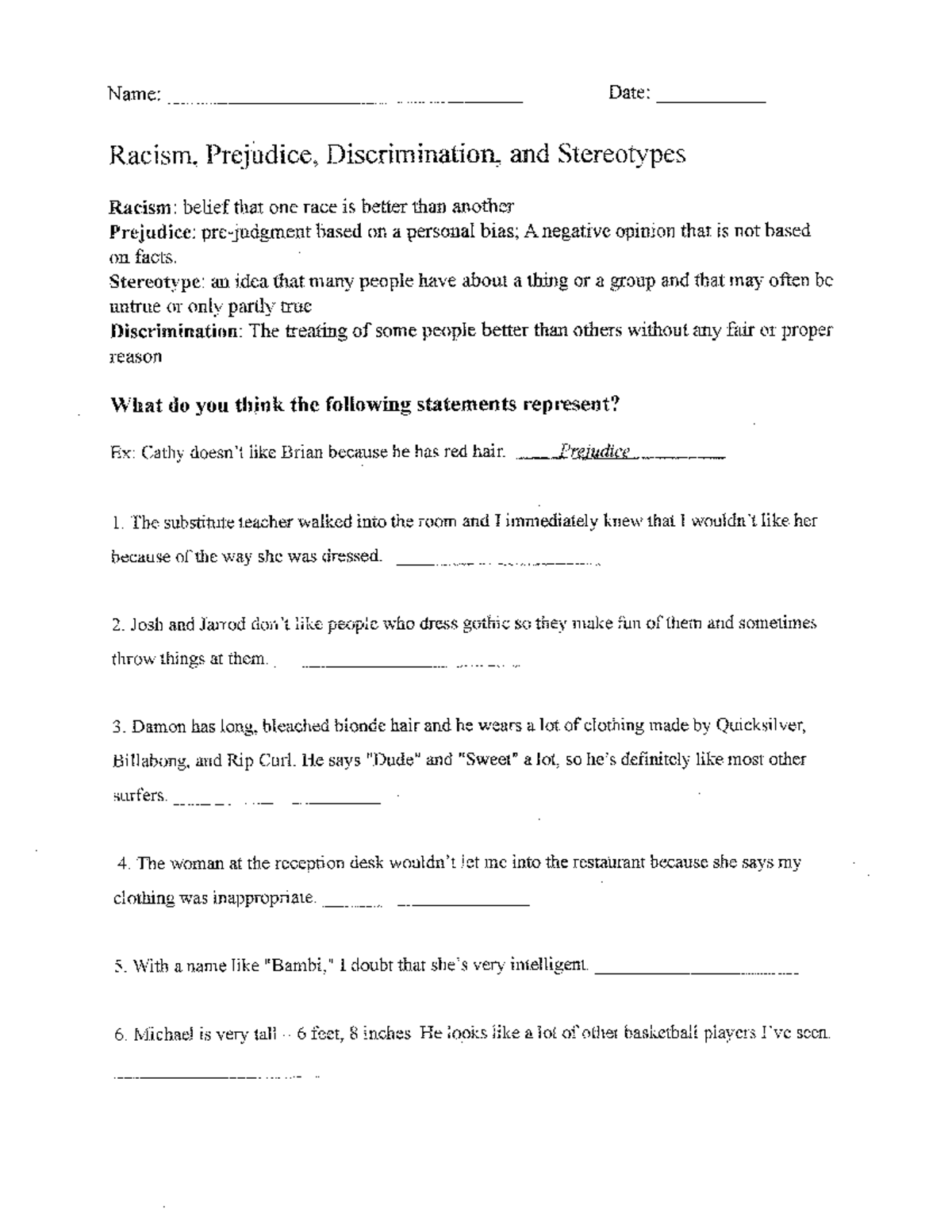 Prejudice Worksheet - This will help you! - Name: Date: Racism ...