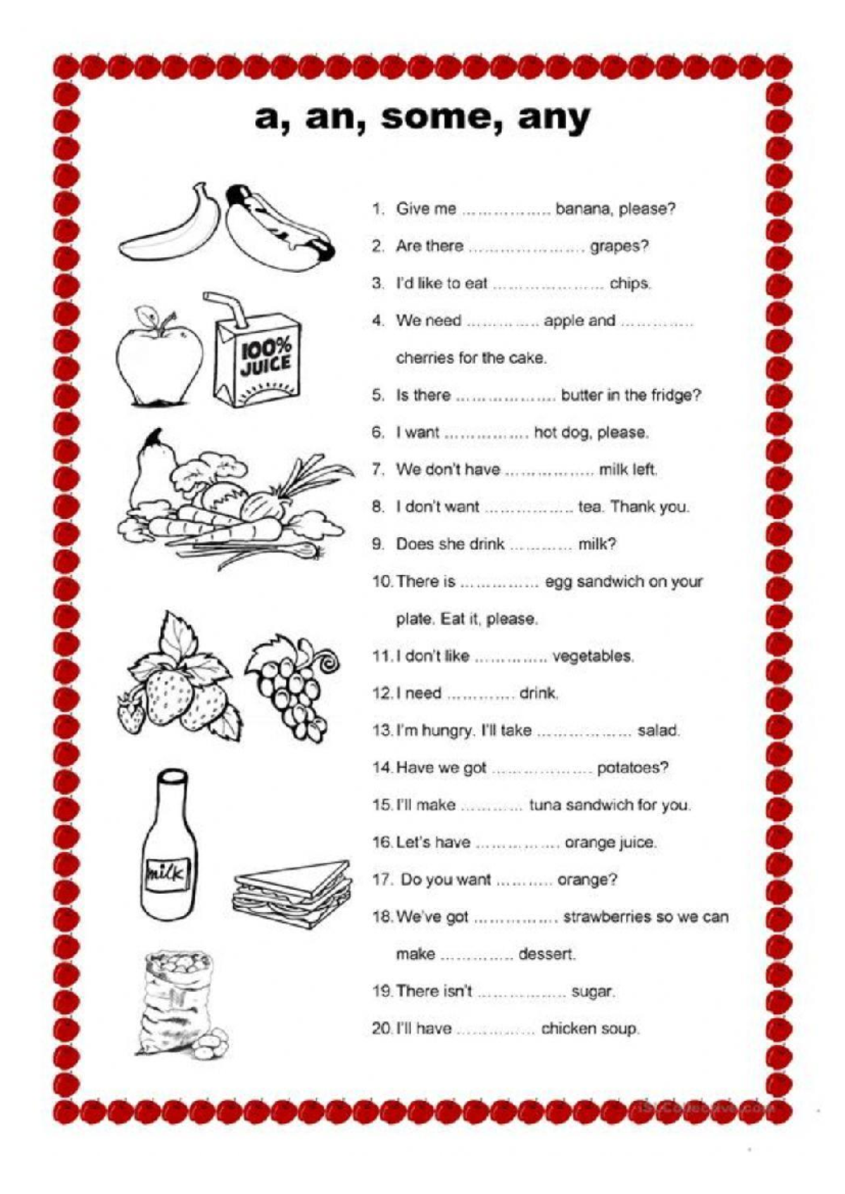 Worksheet 326590 - Past simple - a, an, some, any , Giveme ...
