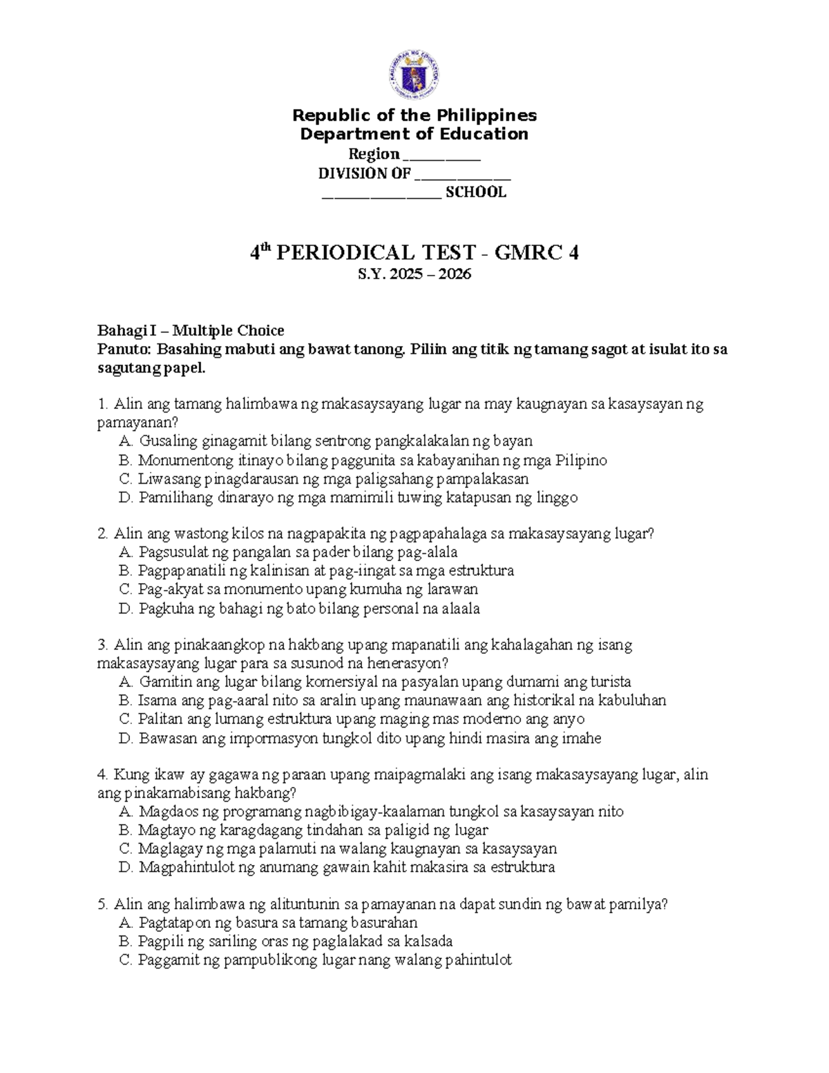 DTC PT Q4 GMRC 4 Matatag: 4th Periodical Test Review - Studocu