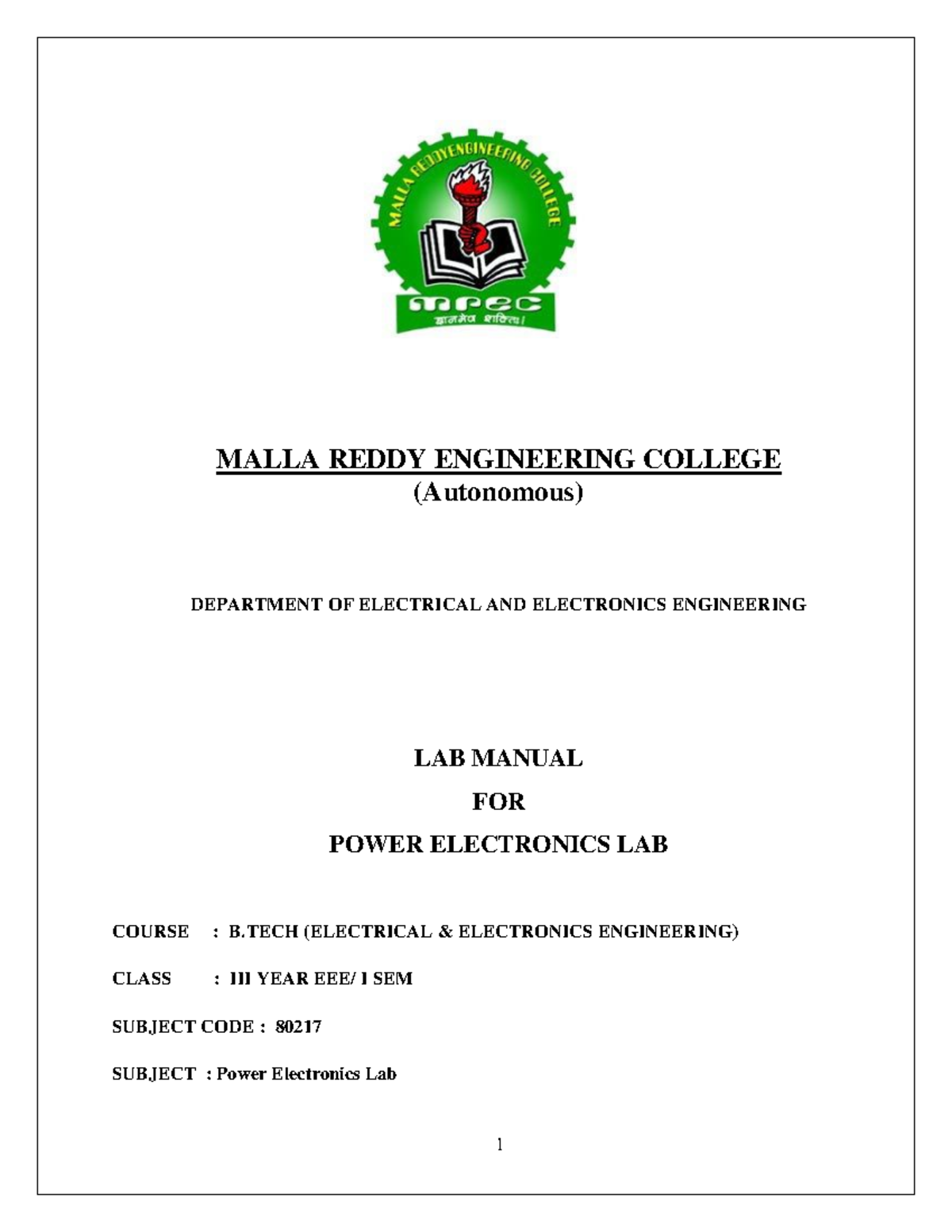 Power Electronics Lab Manual (80217) - Malla Reddy Eng. College - Studocu