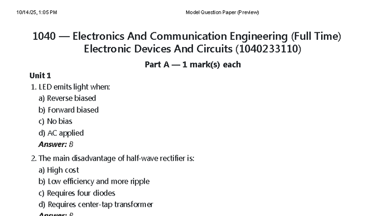 Model Question Paper for Electronic Devices and Circuits (1040233110 ...