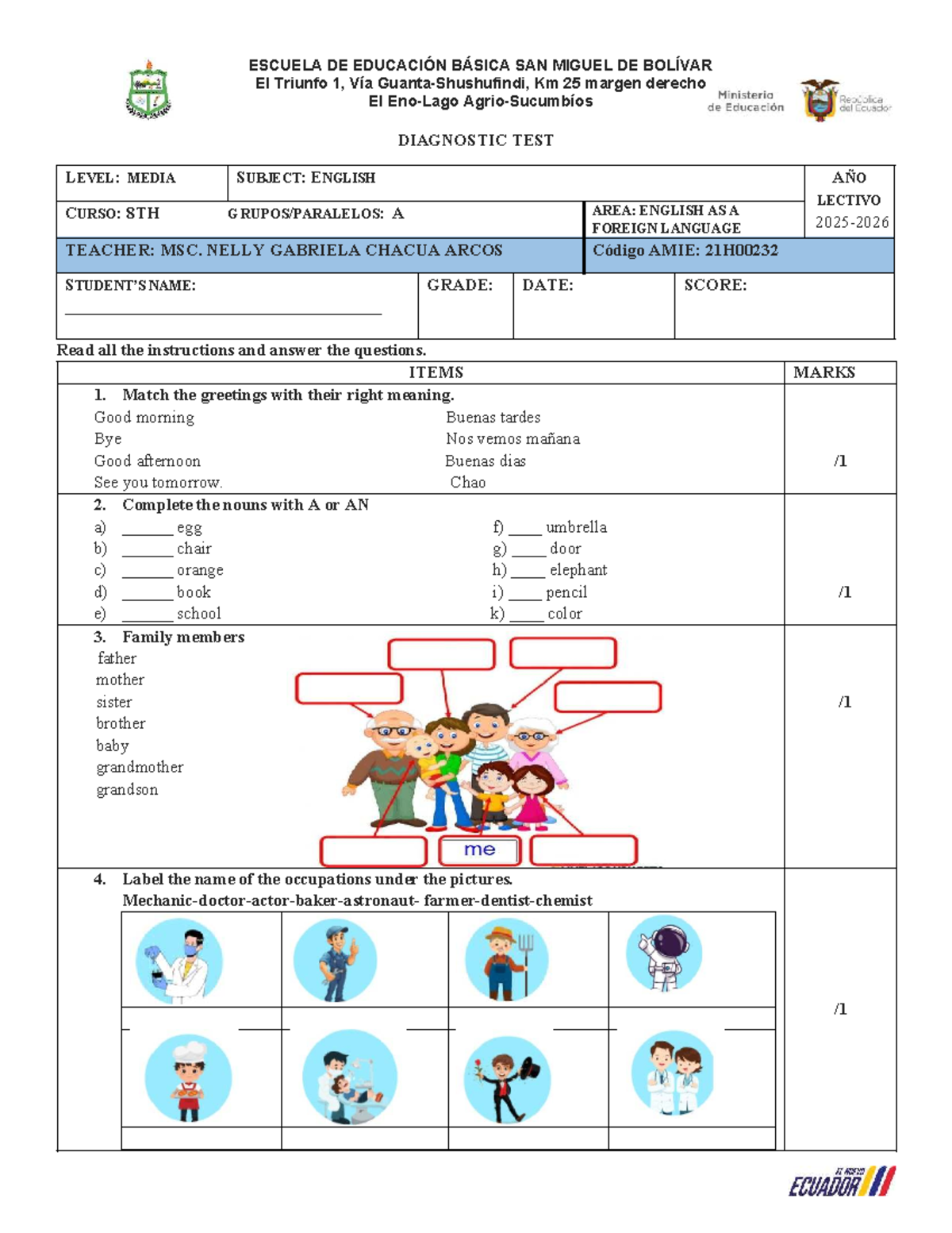 8TH G Diagnostic Test - English Language Skills Assessment - Studocu