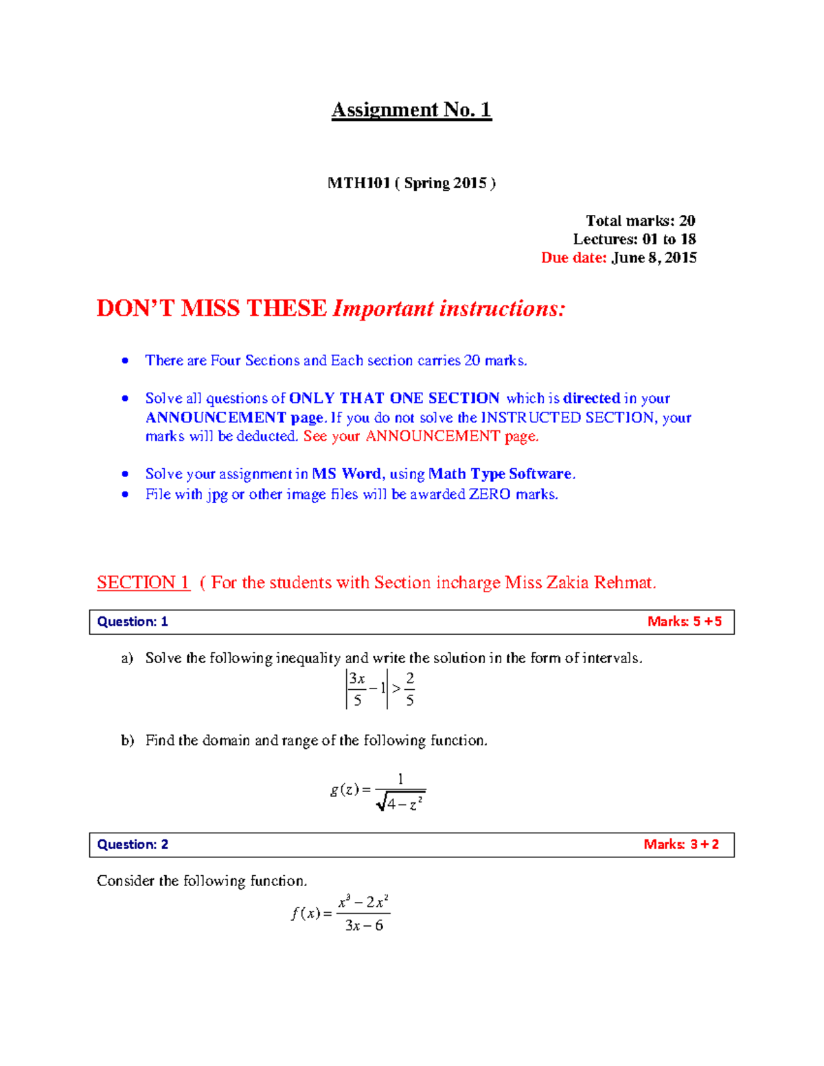 MTH101 Assignment No. 1 (Spring 2015) - Important Instructions ...