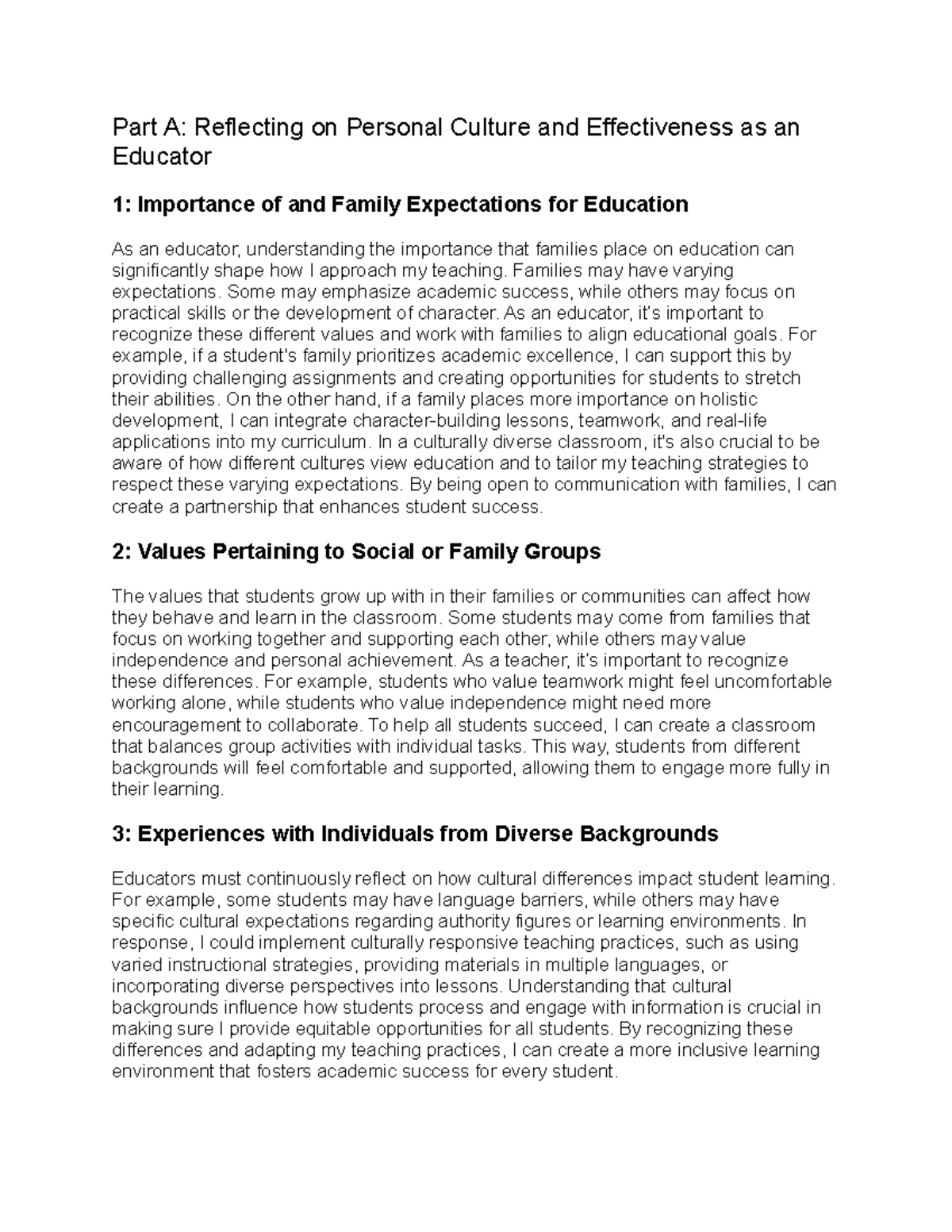 Task 1- Equity Pedagogy - Part A: Reflecting on Personal Culture and ...