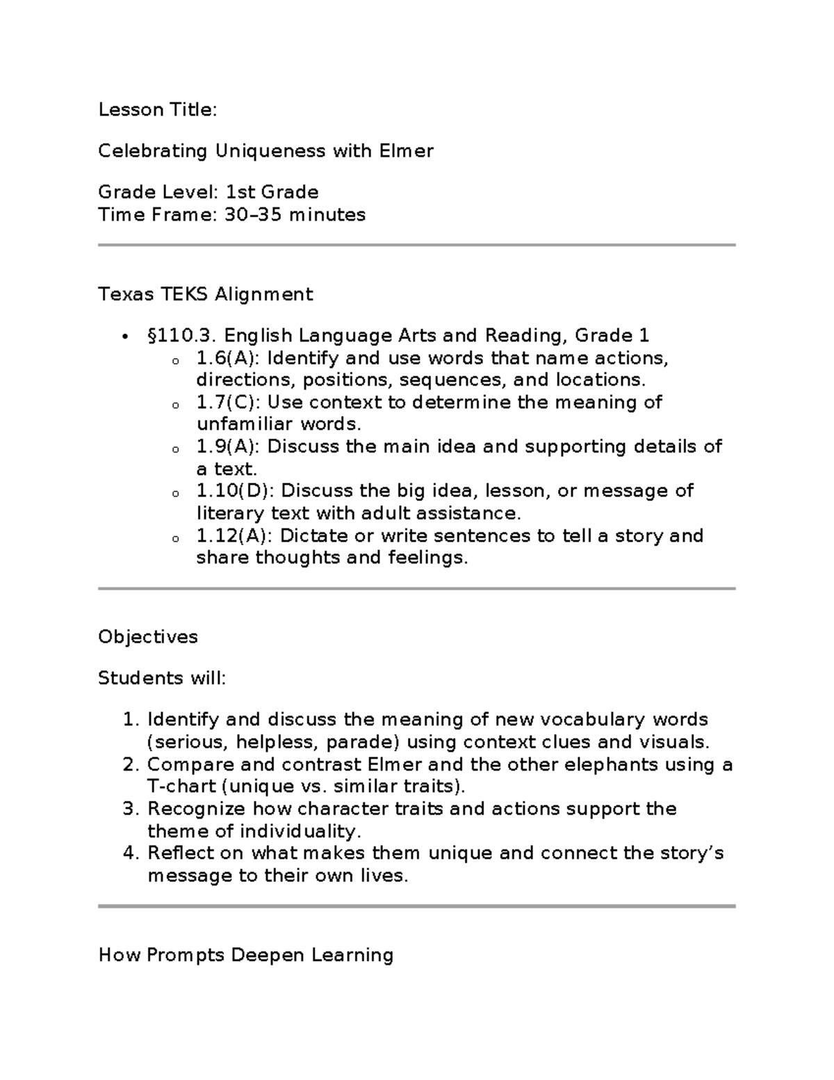 1st Grade Lesson Plan: Celebrating Uniqueness with Elmer (D688) - Studocu